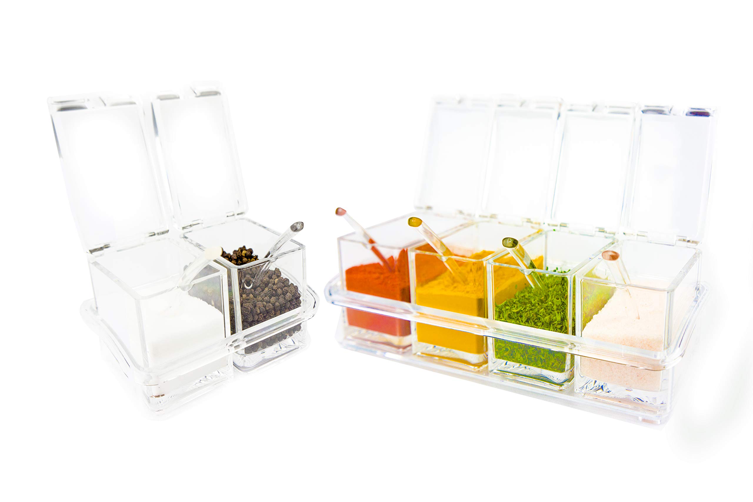 Six Compartment Condiment & Spice Box Serving Set with Spoons - 2 & 4 Section Seasoning Storage Container Rack Combo Set with Removable Cruet Jars (5.75 oz capacity each) | by ImpiriLux
