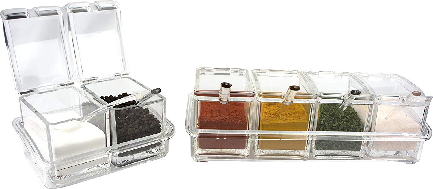 Six Compartment Condiment & Spice Box Serving Set with Spoons - 2 & 4 Section Seasoning Storage Container Rack Combo Set with Removable Cruet Jars (5.75 oz capacity each) | by ImpiriLux