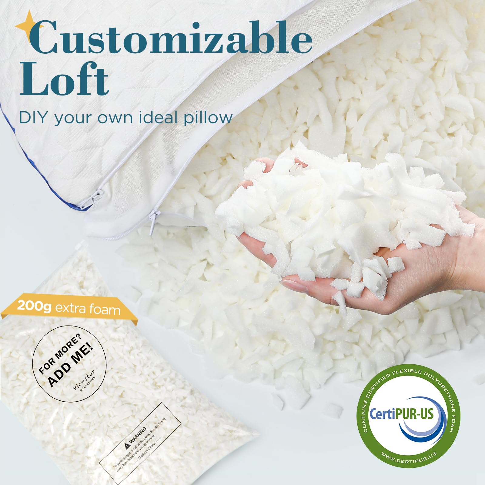 viewstar Pillows Queen Size Set of 2, Firm and Supportive Shredded Memory Foam Pillows, Adjustable Loft Back Side Sleeper Bed Pillow with Washable Removable Cover, 20"x 30"