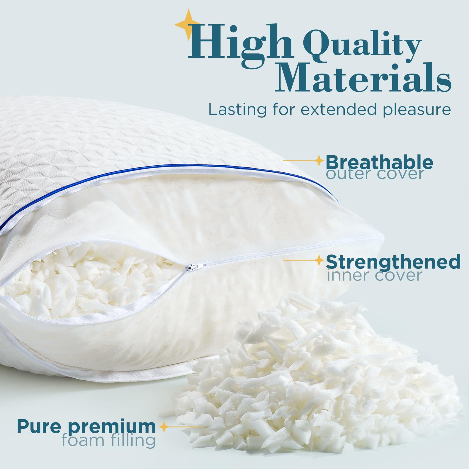 viewstar Pillows Queen Size Set of 2, Firm and Supportive Shredded Memory Foam Pillows, Adjustable Loft Back Side Sleeper Bed Pillow with Washable Removable Cover, 20"x 30"