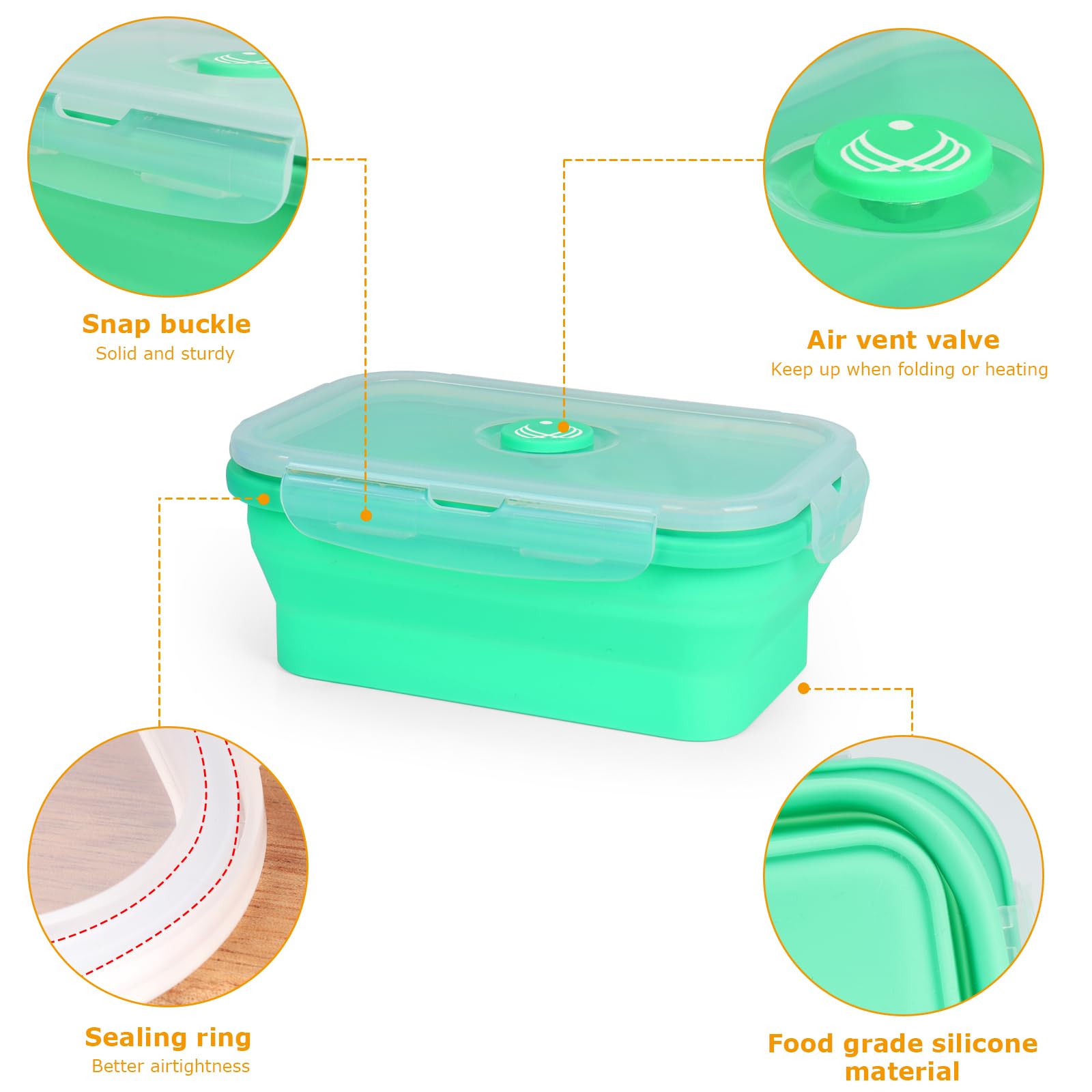 Vech Collapsible Food Storage Container, Set of 4 Silicone Leftover Meal Box for Kitchen, BPA Free Meal Prep Container Bento Lunch Boxes, Microwave Safe. Foldable Thin Bin Design Saves Your Space