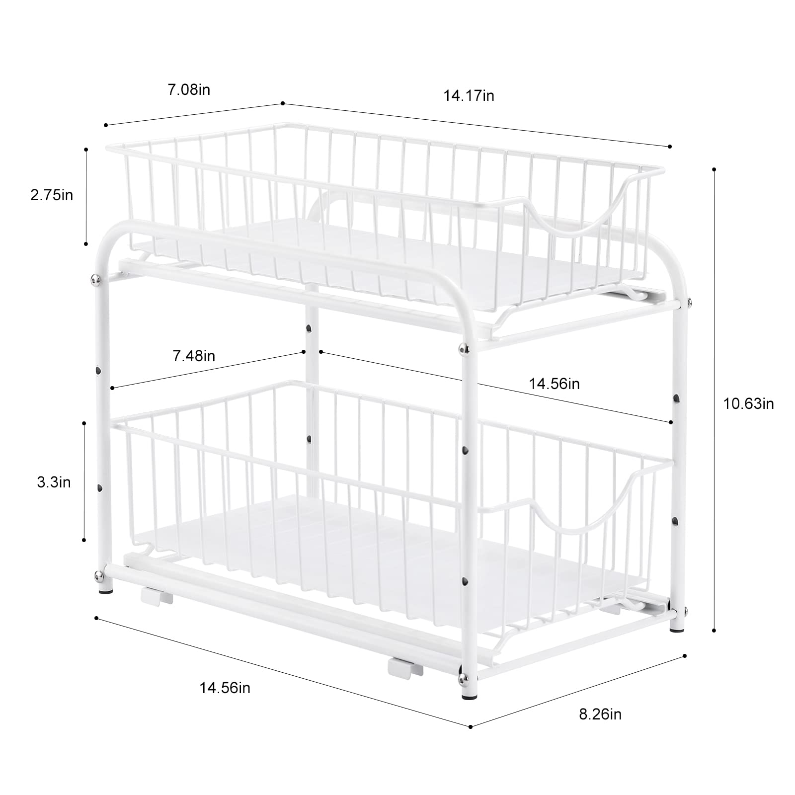 YBING Stackable Under Sink Cabinet Organizer 2 Tier Sliding Basket Organizer Drawer Bathroom Under Cabinet Basket Organizer for Kitchen Pantry White 2 Pack