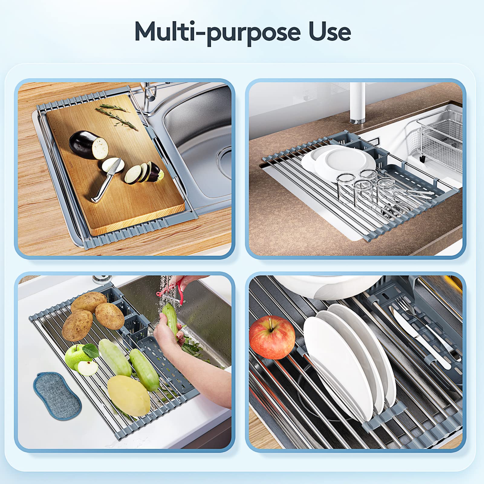 Roll Up Dish Drying Rack Over The Sink, Stainless Steel Roll Up Drain Rack, Foldable Dish Drying Rack Kitchen Roll Up Drainer (B)