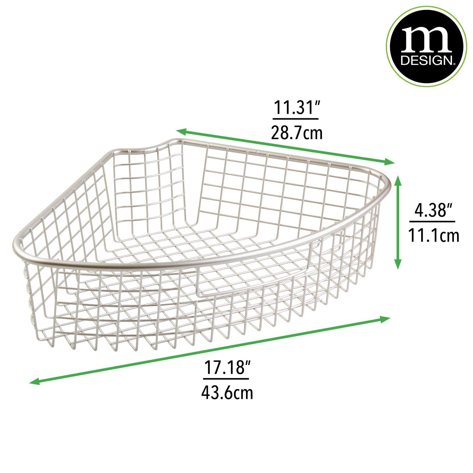 mDesign Farmhouse Metal Kitchen Cabinet Lazy Susan Storage Organizer Basket with Front Handle - Large Pie-Shaped 1/4 Wedge, 4.4" Deep Container - 4 Pack - Satin
