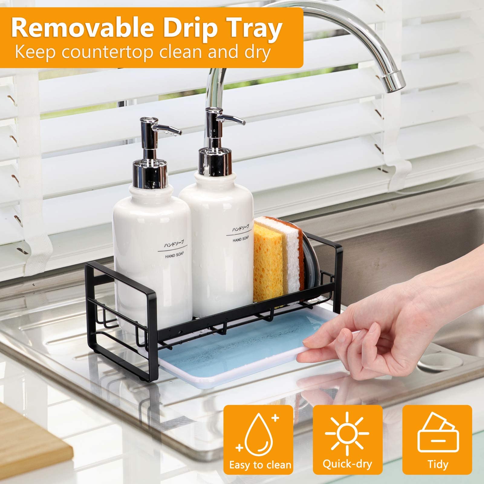 FANGSUN Large Sponge Holder for Kitchen Sink, 304 Stainless Steel Sink Caddy Organizer with Removable Drip Tray, Kitchen Countertop Dish Soap Holder, Not Include Soap Dispenser, Black