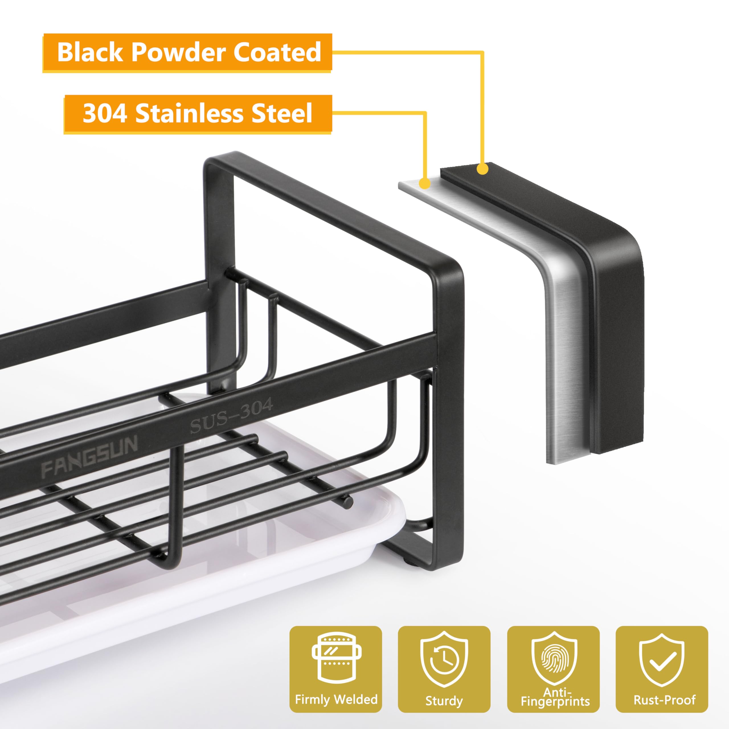 FANGSUN Large Sponge Holder for Kitchen Sink, 304 Stainless Steel Sink Caddy Organizer with Removable Drip Tray, Kitchen Countertop Dish Soap Holder, Not Include Soap Dispenser, Black