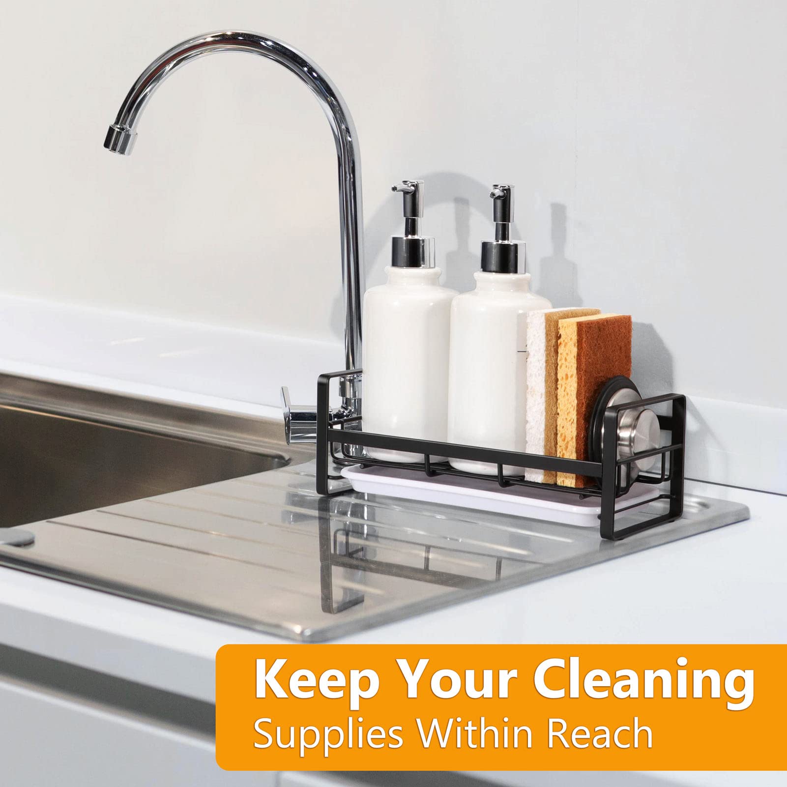 FANGSUN Large Sponge Holder for Kitchen Sink, 304 Stainless Steel Sink Caddy Organizer with Removable Drip Tray, Kitchen Countertop Dish Soap Holder, Not Include Soap Dispenser, Black