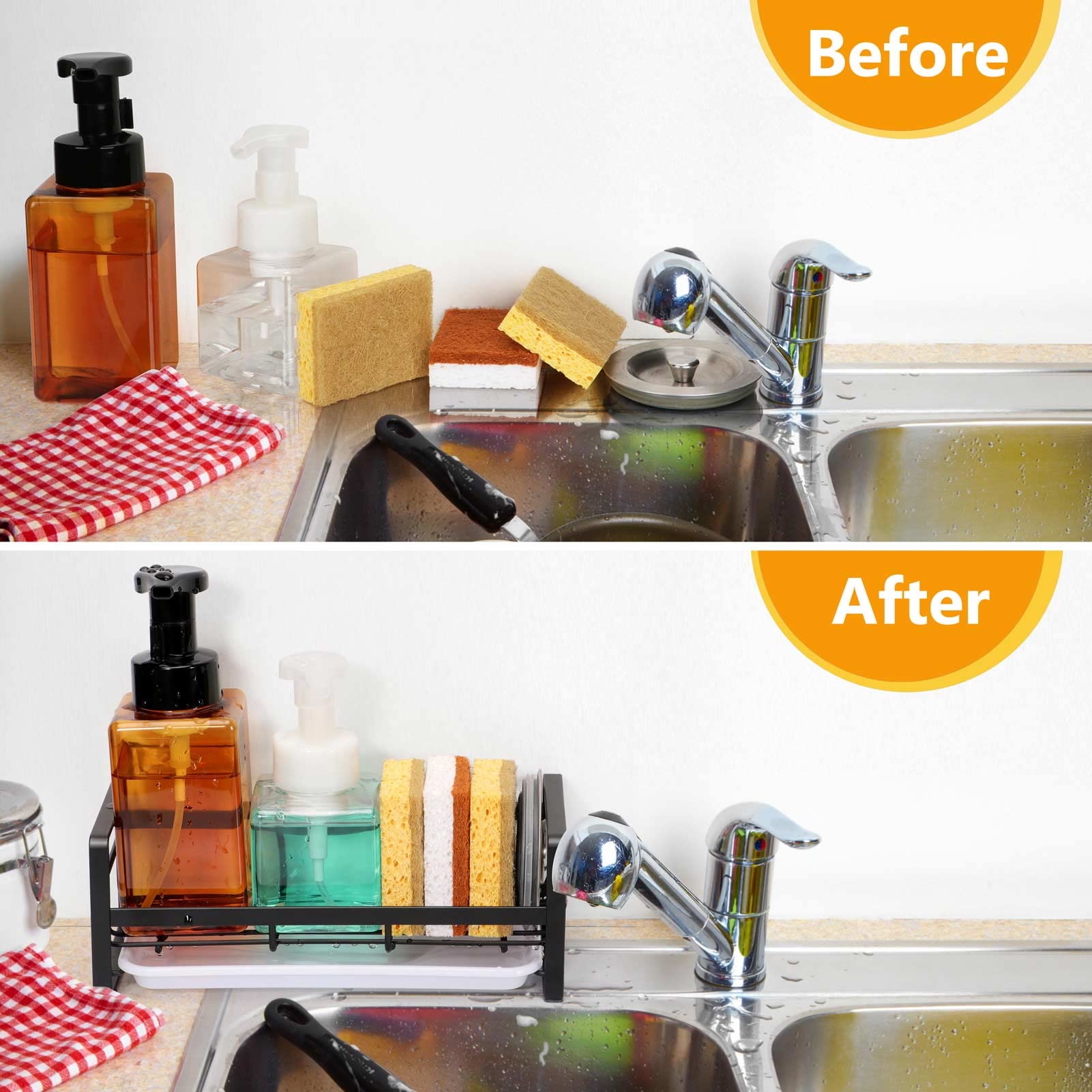 FANGSUN Large Sponge Holder for Kitchen Sink, 304 Stainless Steel Sink Caddy Organizer with Removable Drip Tray, Kitchen Countertop Dish Soap Holder, Not Include Soap Dispenser, Black