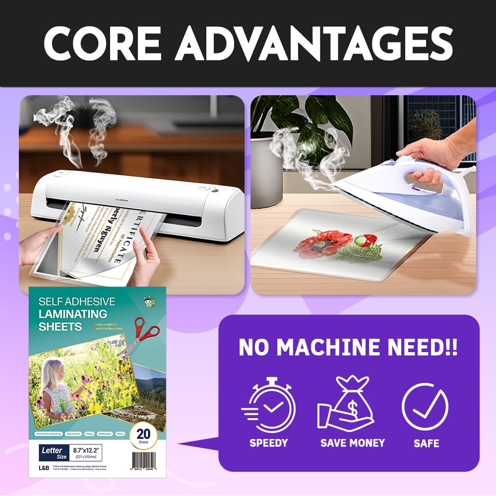 HA SHI Self Adhesive Laminating Sheets, Cold Laminate, self Seal, Plastic Paper, 8.5 x 11 Inch (20 Sheets)