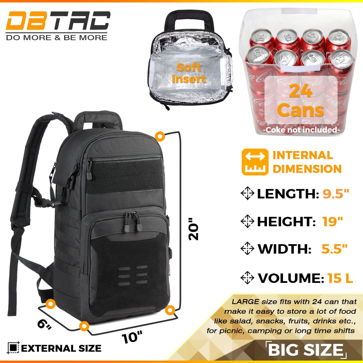 DBTAC Tactical Lunch Backpack, Large Lunch Cooler for Men Women Adult | Backpack Coolers insulated Leak Proof for Work Picnic Travel w/ Soft Easy-Clean Liner x2 (Black, 24-Cans)