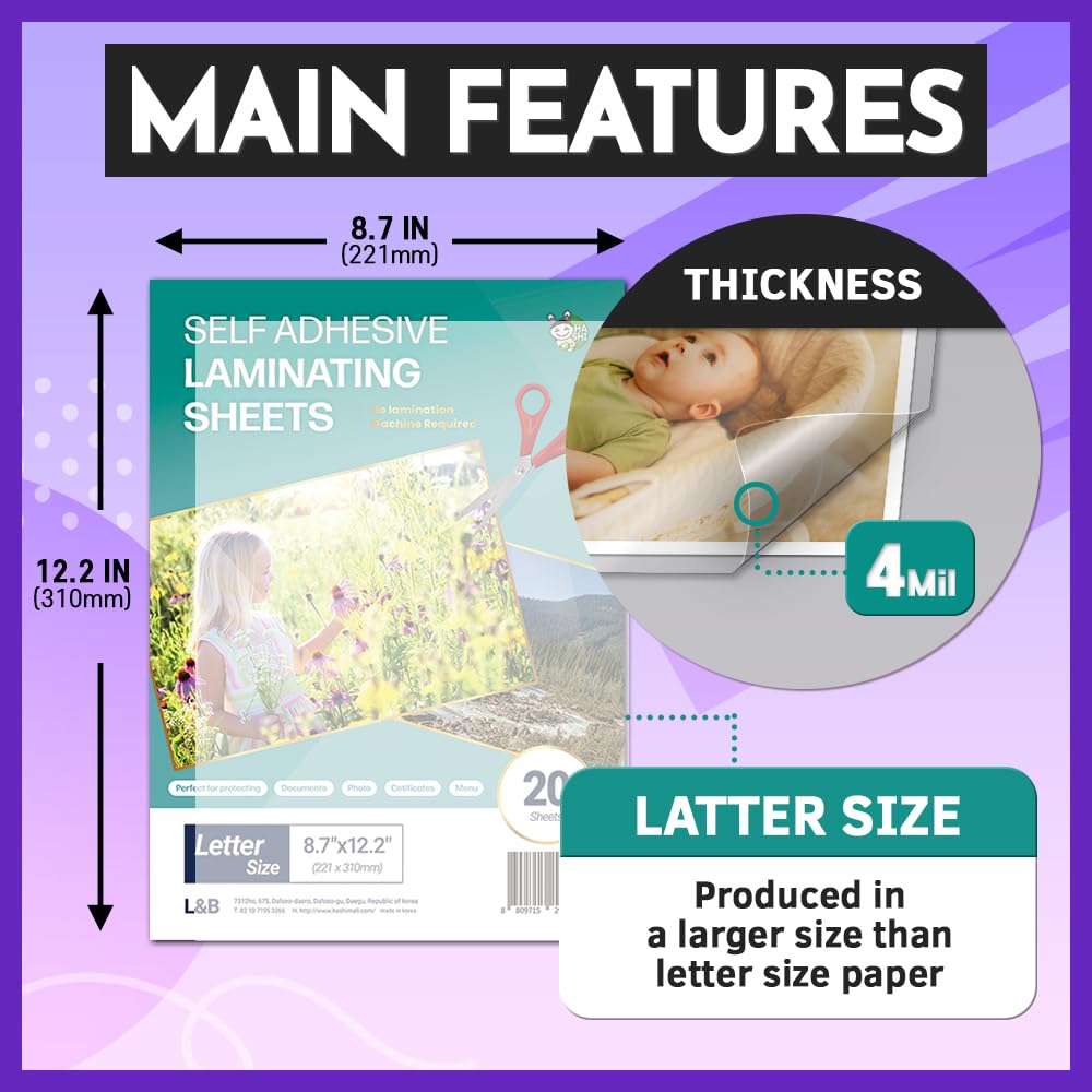 HA SHI Self Adhesive Laminating Sheets, Cold Laminate, self Seal, Plastic Paper, 8.5 x 11 Inch (20 Sheets)