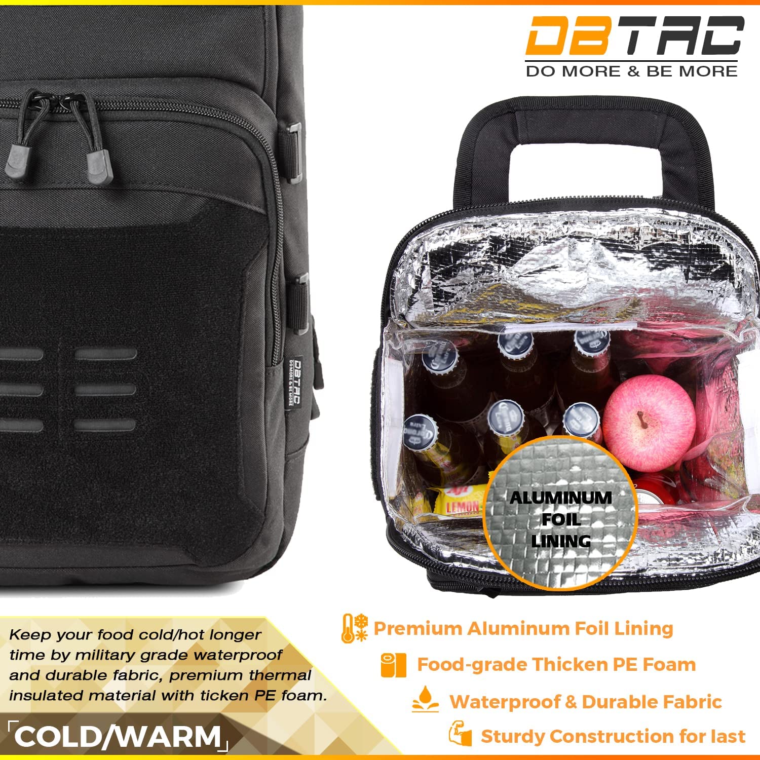 DBTAC Tactical Lunch Backpack, Large Lunch Cooler for Men Women Adult | Backpack Coolers insulated Leak Proof for Work Picnic Travel w/ Soft Easy-Clean Liner x2 (Black, 24-Cans)