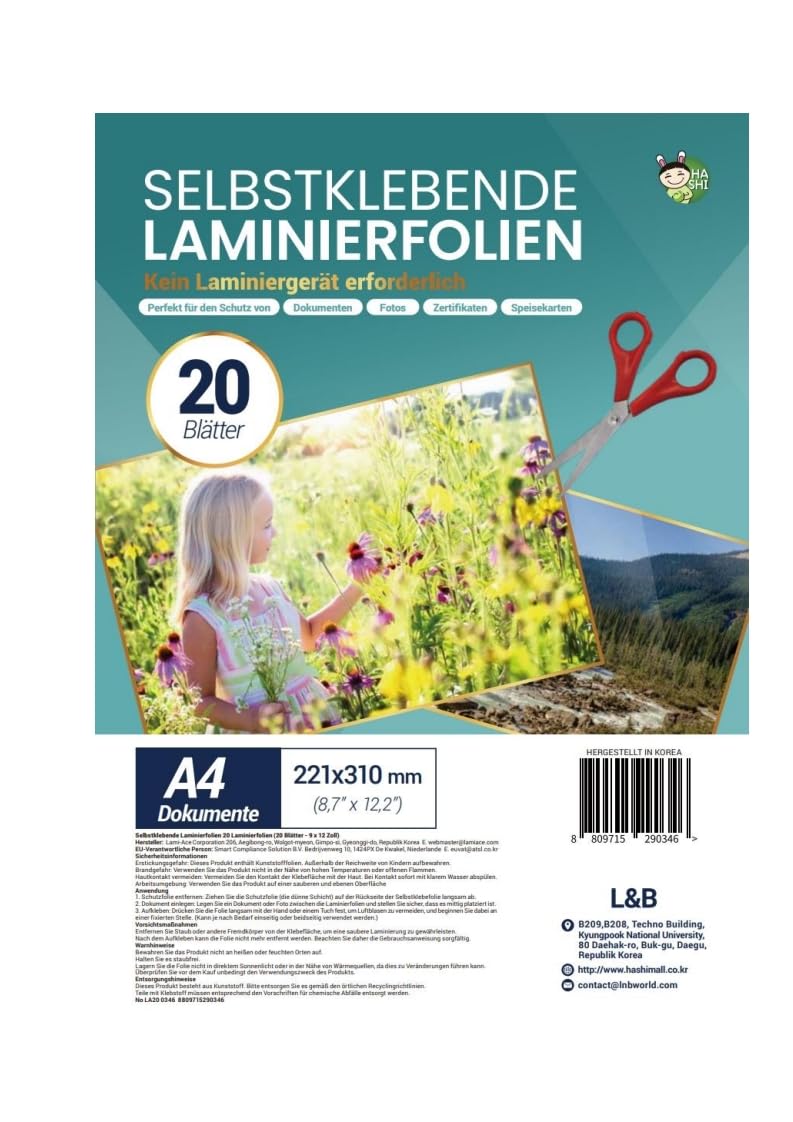 HA SHI Self Adhesive Laminating Sheets, Cold Laminate, self Seal, Plastic Paper, 8.5 x 11 Inch (20 Sheets)