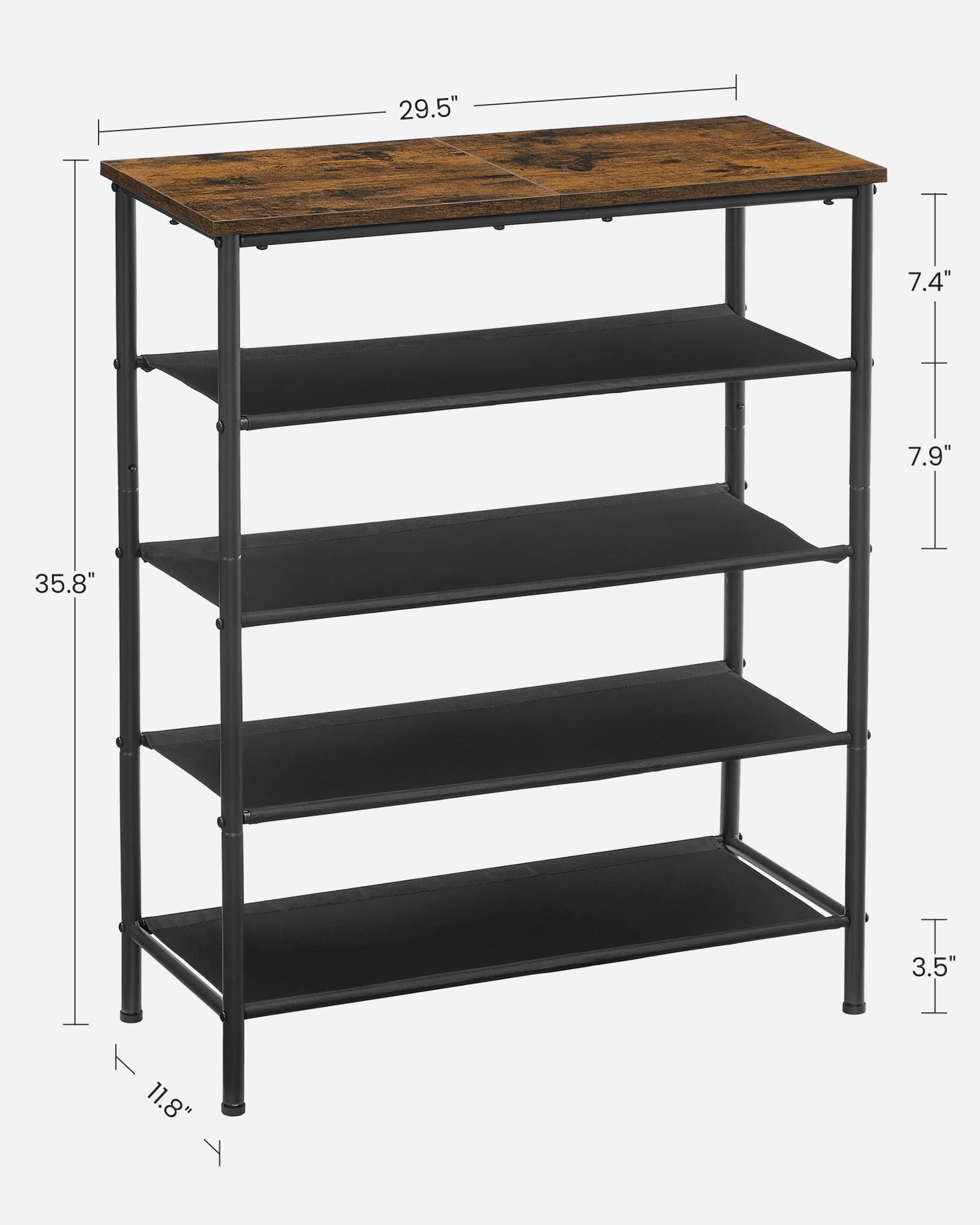 VASAGLE Shoe Rack 5 Tier, Narrow Shoe Organizer for Closet Entryway, with 4 Fabric Shelves and Top for Bags, Shoe Shelf, Steel Frame, Industrial, Rustic Brown and Black ULBS036B01