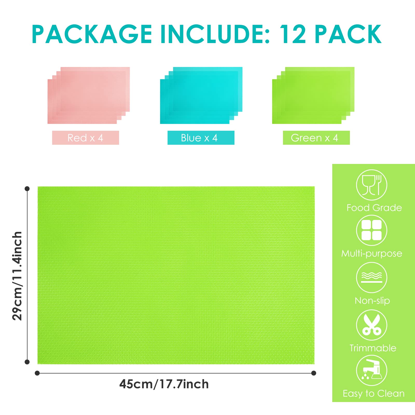 12 Pack Refrigerator Liners - EVA Fridge Liner Mats Washable, Refrigerator Mats Drawer Table Placements, Shelf Liners for Kitchen Cabinets(4 Blue+4 Green+4 Red)