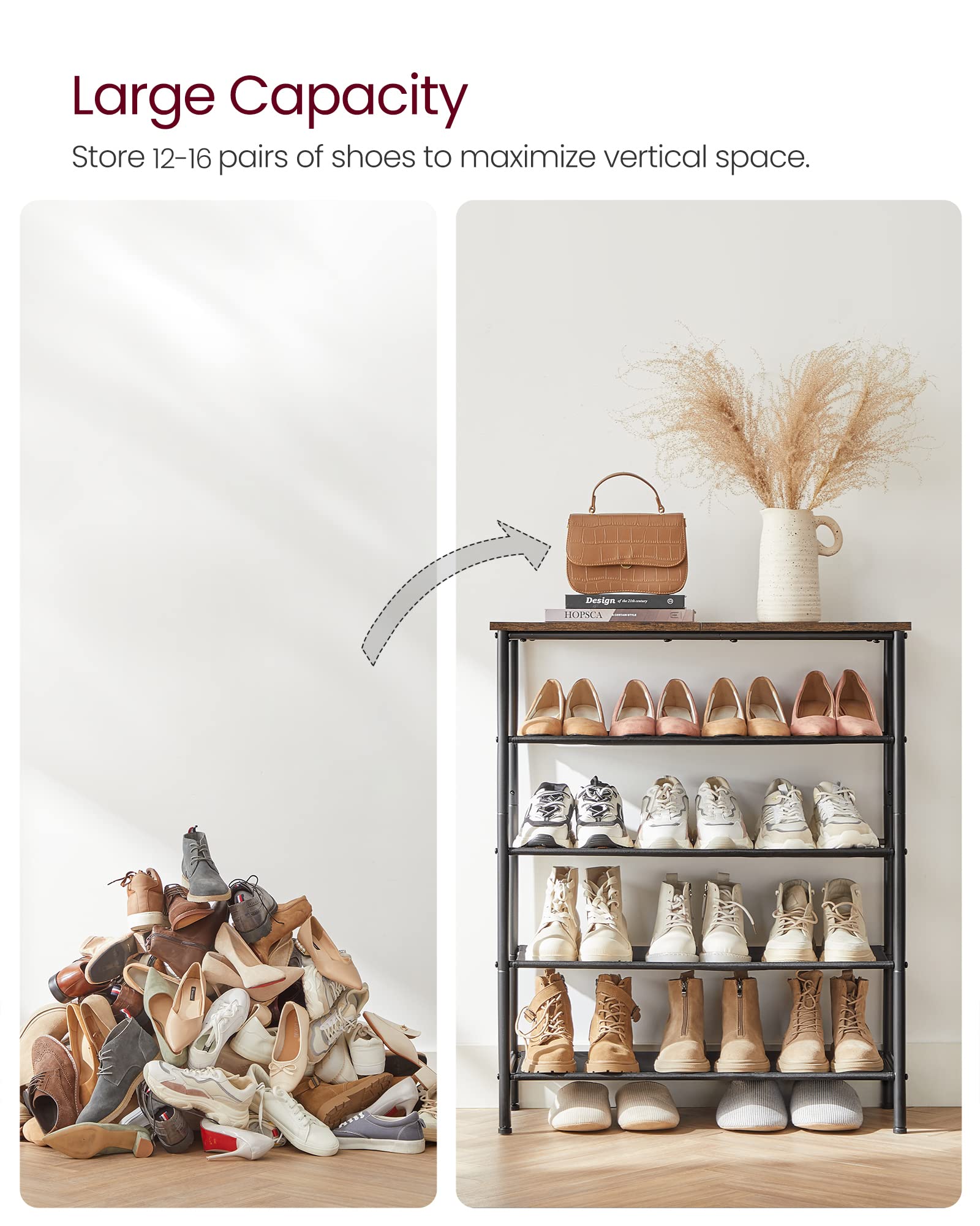VASAGLE Shoe Rack 5 Tier, Narrow Shoe Organizer for Closet Entryway, with 4 Fabric Shelves and Top for Bags, Shoe Shelf, Steel Frame, Industrial, Rustic Brown and Black ULBS036B01