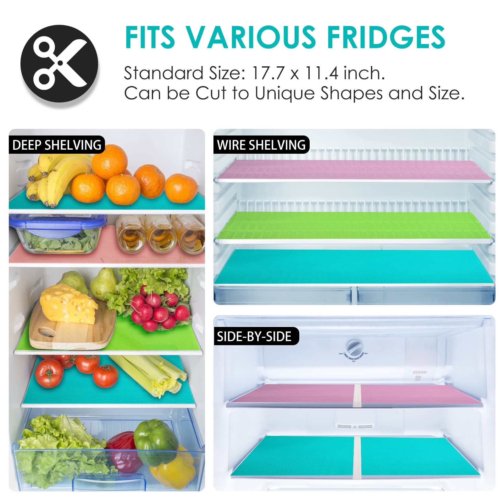 12 Pack Refrigerator Liners - EVA Fridge Liner Mats Washable, Refrigerator Mats Drawer Table Placements, Shelf Liners for Kitchen Cabinets(4 Blue+4 Green+4 Red)