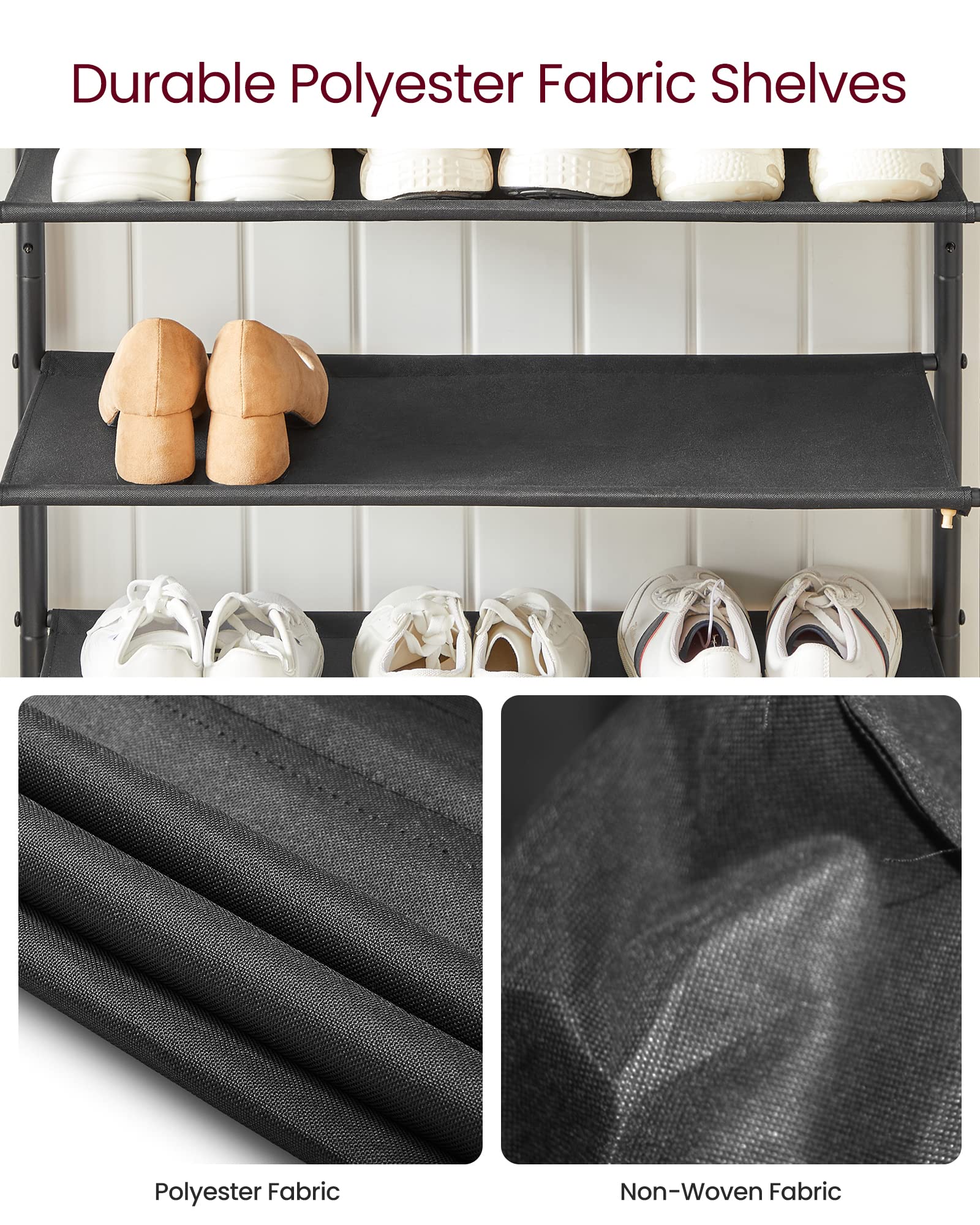 VASAGLE Shoe Rack 5 Tier, Narrow Shoe Organizer for Closet Entryway, with 4 Fabric Shelves and Top for Bags, Shoe Shelf, Steel Frame, Industrial, Rustic Brown and Black ULBS036B01