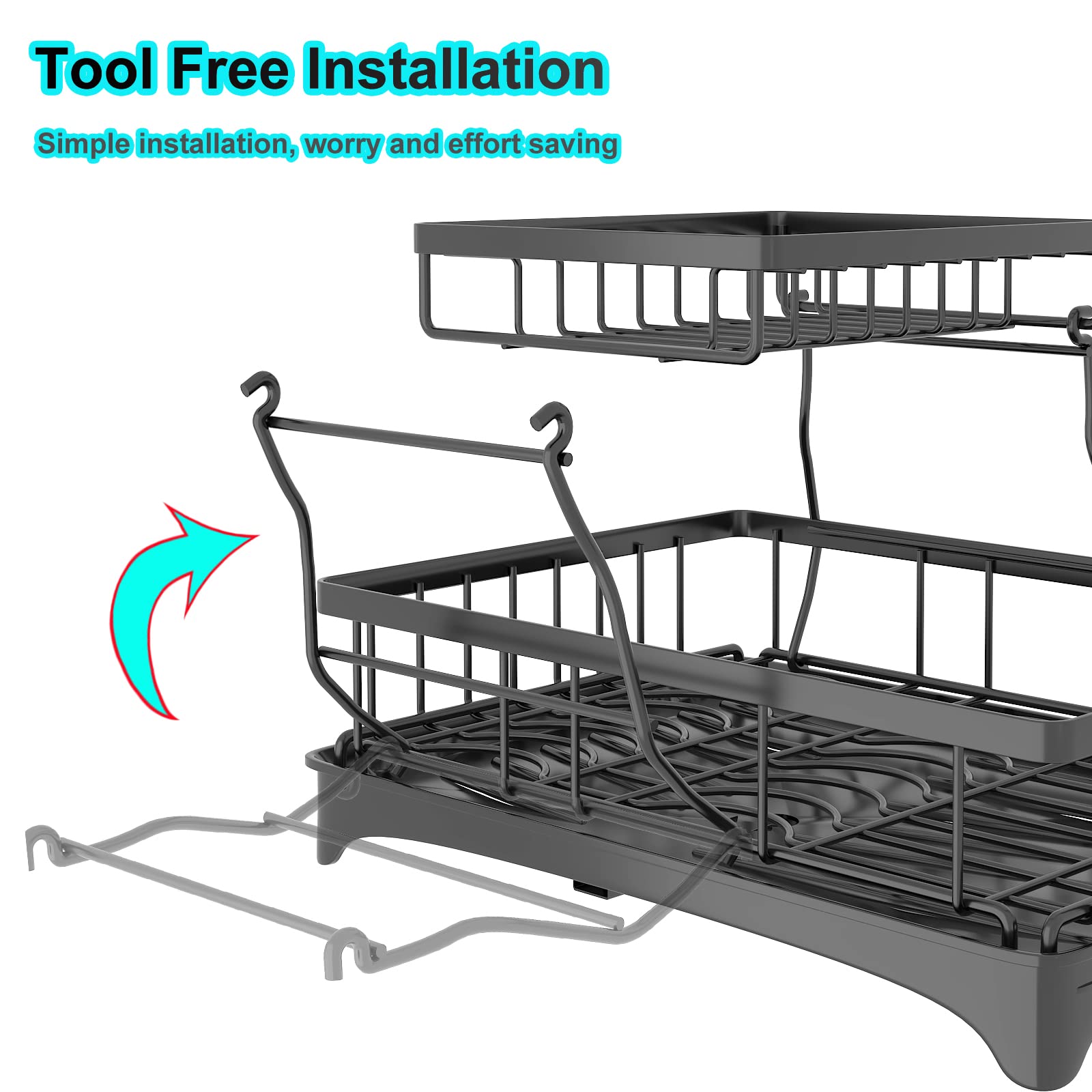 XIYAO Kitchen Dish Dring Rack with Drainboard, 2-Tier in Sink Dish Drying Rack with Utensil Holder for Kitchen Counter, Large Capacity Dish Strainers with Water Bottle Drying Rack (Black)