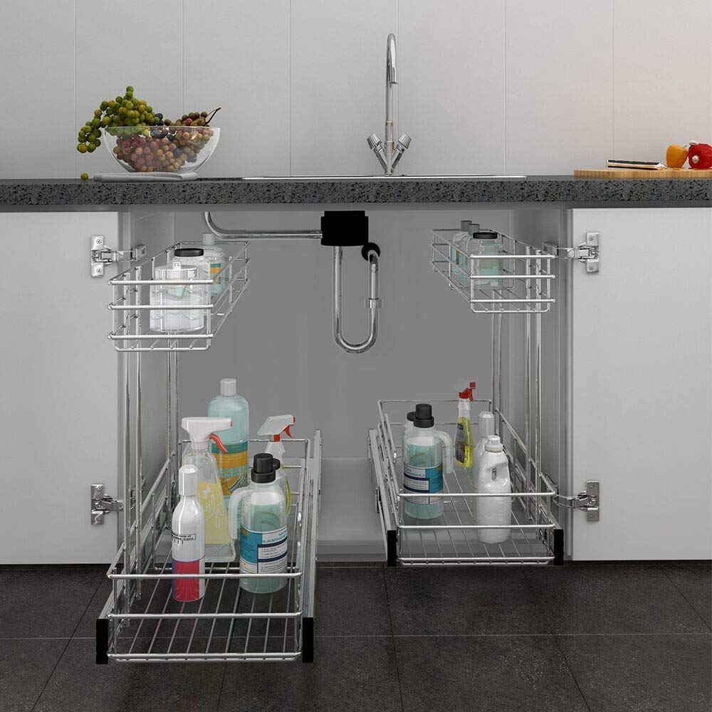 STORKING 2 Tier Under Sink Pull Out Cabinet Organizer Slide Wire Shelf Basket for Kitchen Base Cabinets 9" W 18.5" D 16" H