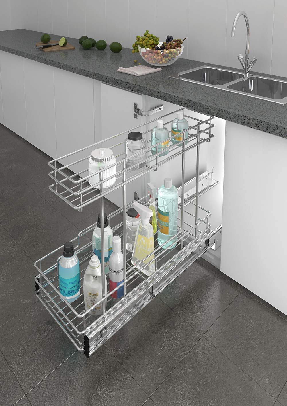 STORKING 2 Tier Under Sink Pull Out Cabinet Organizer Slide Wire Shelf Basket for Kitchen Base Cabinets 9" W 18.5" D 16" H