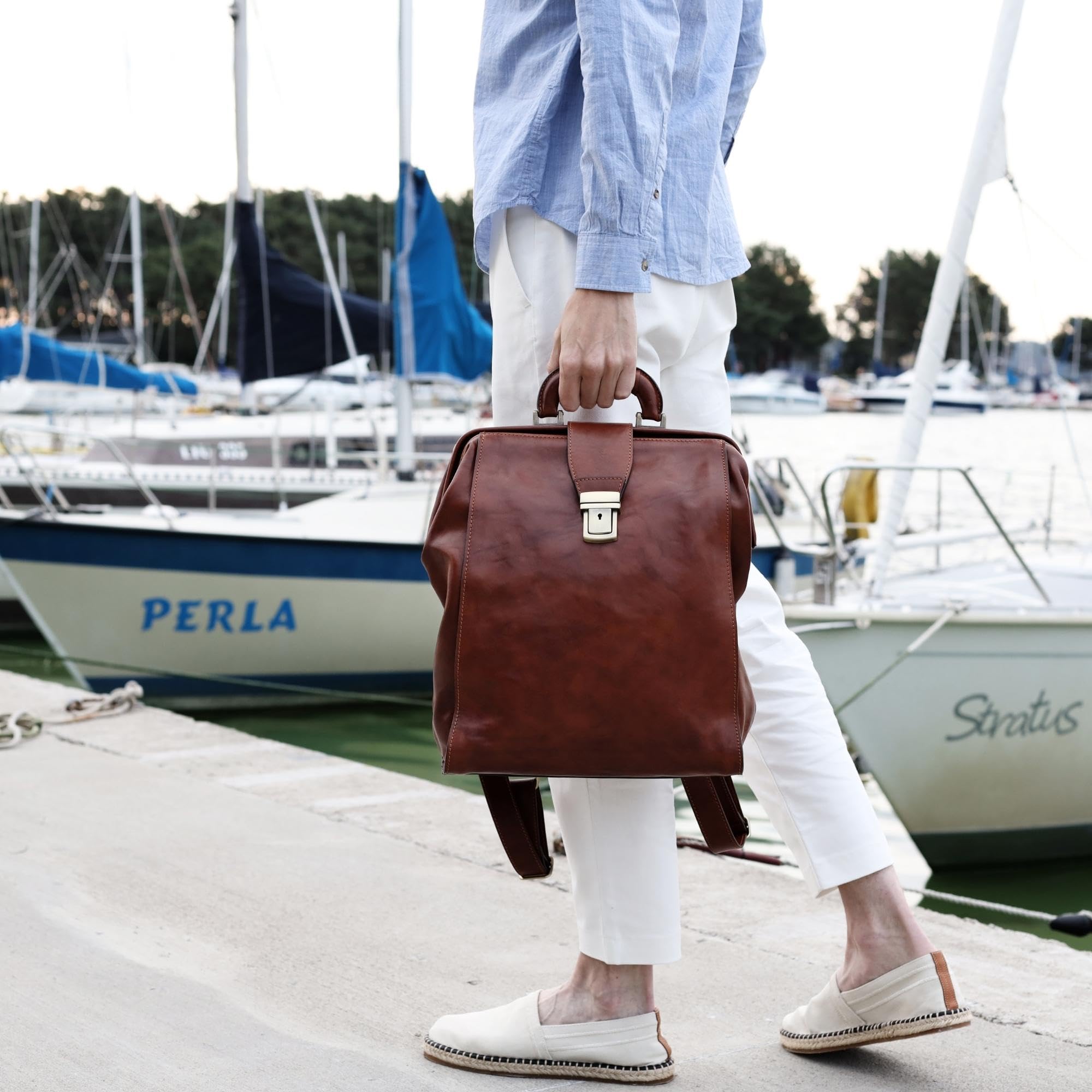 Leather Backpack Travel Bag Carry On Business Canvas Rucksack Brown Book Bag - Time