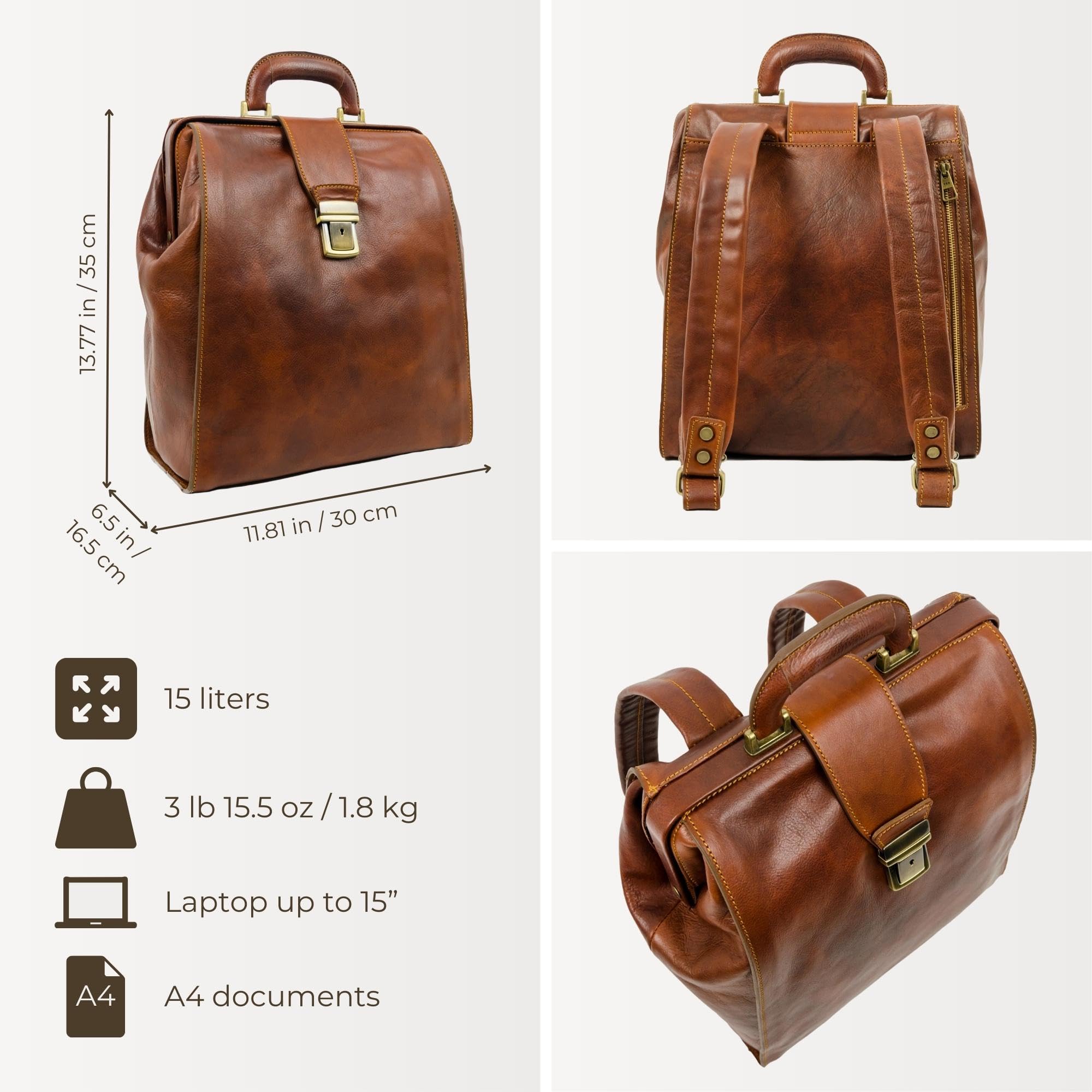 Leather Backpack Travel Bag Carry On Business Canvas Rucksack Brown Book Bag - Time