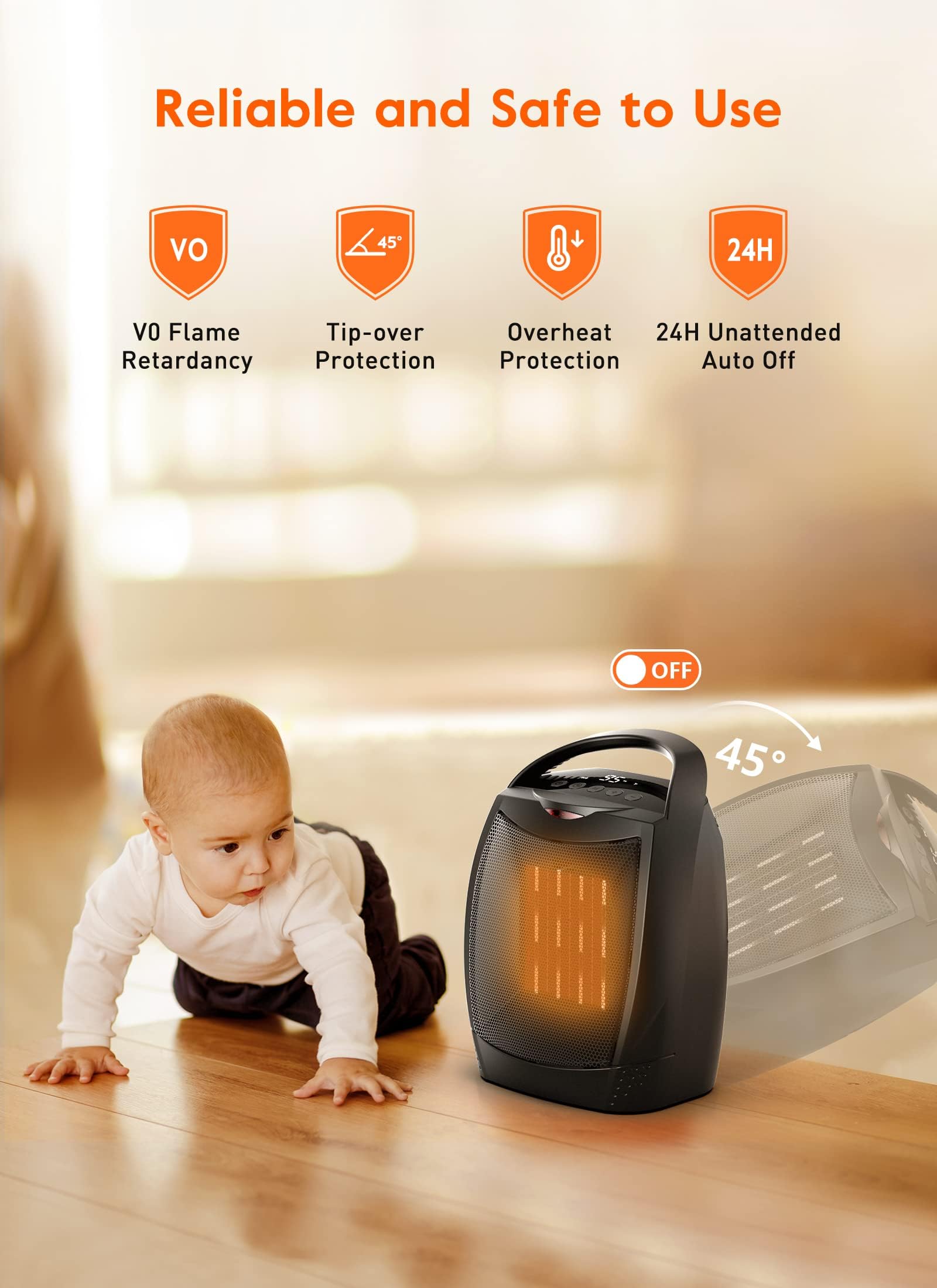 GiveBest Portable Ceramic Space Heater, 1500W/750W Electric Heater with Overheat and Tip Over Protection, Fan Mode,Adjustable Thermostat, Fast Heating Safe Small Heater for Office Room Desk Indoor Use