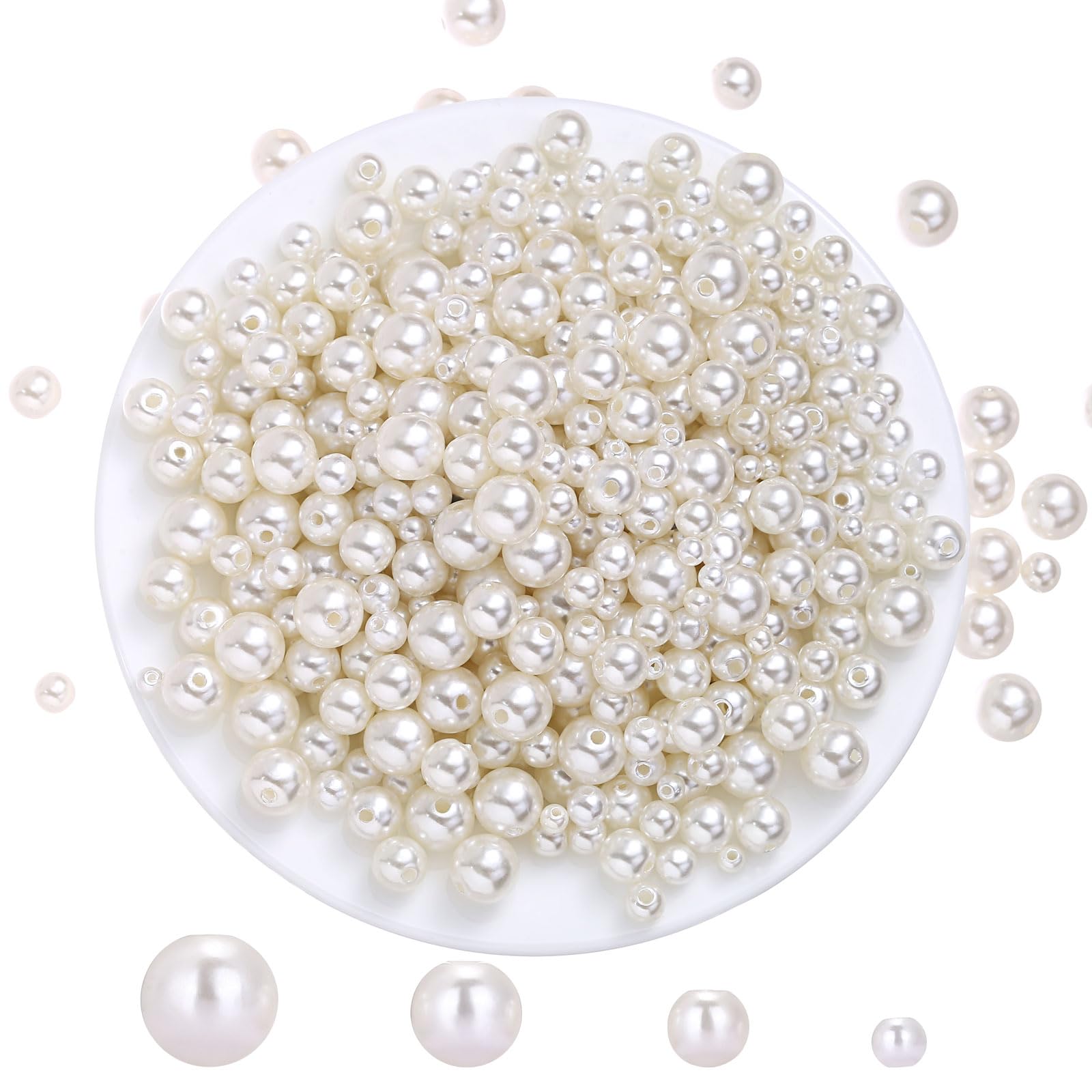 Naler 500pcs Assorted Pearl Beads for Jewelry Making Crafts DIY Vase Fillers Table Scatter for Wedding Birthday Party Home Decoration, Ivory&White Color, 0.15/0.23/0.30/0.39 inch