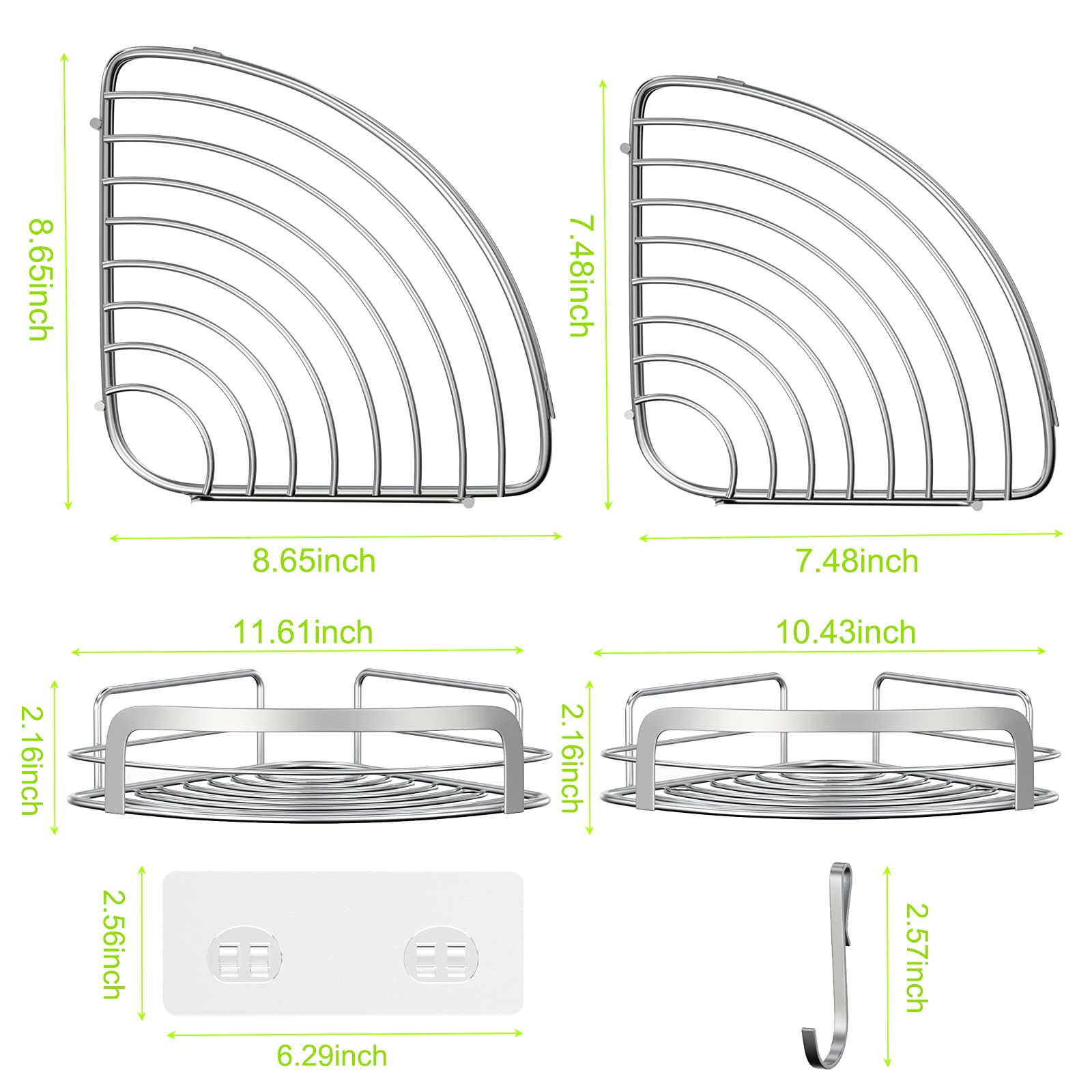STEUGO Shower Caddy Corner, Bathroom Corner Shower Shelfs, Adhesive Wall Mounted Shower Caddy with 4 Movable Hooks, SUS304 Stainless Steel Bath Storage Shower Organizers, 2 Pack