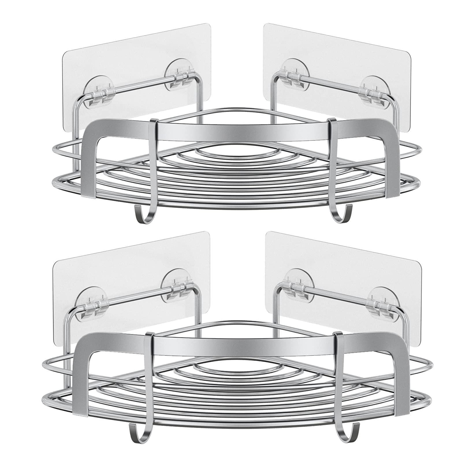STEUGO Shower Caddy Corner, Bathroom Corner Shower Shelfs, Adhesive Wall Mounted Shower Caddy with 4 Movable Hooks, SUS304 Stainless Steel Bath Storage Shower Organizers, 2 Pack