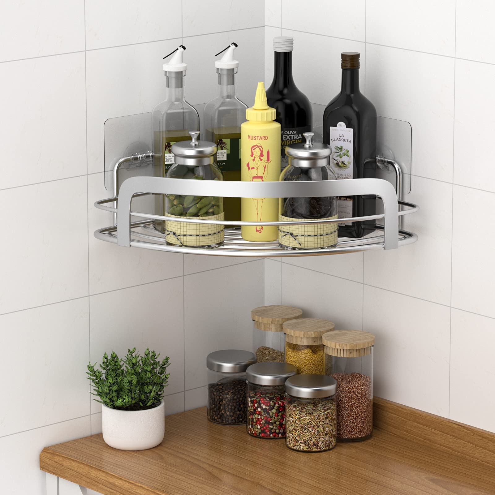 STEUGO Shower Caddy Corner, Bathroom Corner Shower Shelfs, Adhesive Wall Mounted Shower Caddy with 4 Movable Hooks, SUS304 Stainless Steel Bath Storage Shower Organizers, 2 Pack