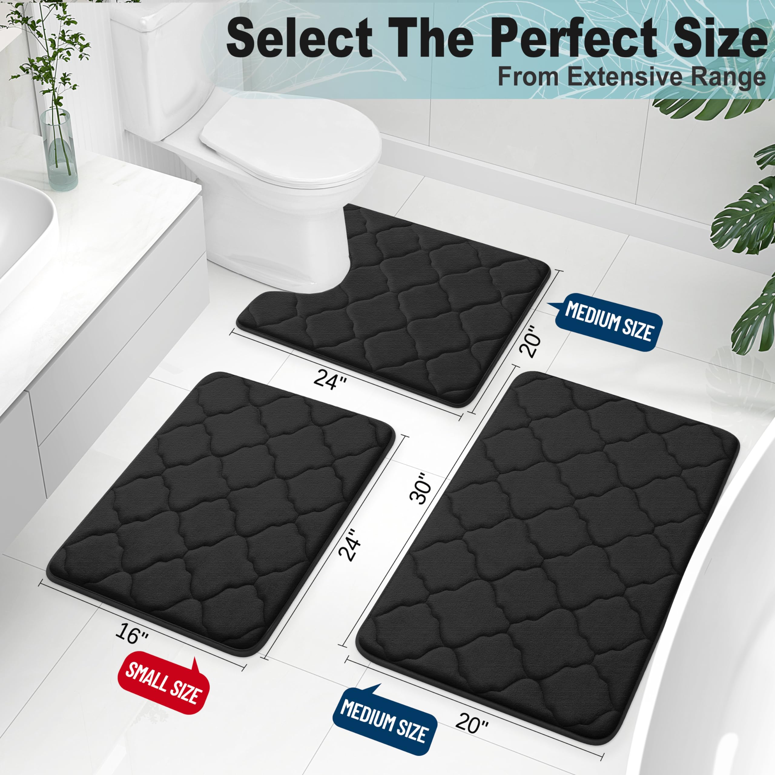OLANLY Memory Foam Bath Mat Rug, Ultra Soft Non Slip and Absorbent Bathroom Rug, Machine Wash Dry, Comfortable, Thick Bath Rug Carpet for Bathroom Floor, Tub and Shower, 17x24, Black