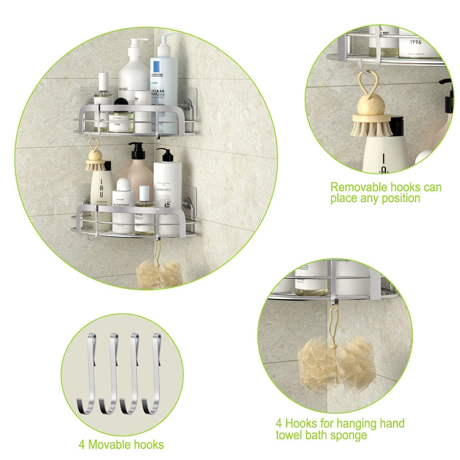 STEUGO Shower Caddy Corner, Bathroom Corner Shower Shelfs, Adhesive Wall Mounted Shower Caddy with 4 Movable Hooks, SUS304 Stainless Steel Bath Storage Shower Organizers, 2 Pack
