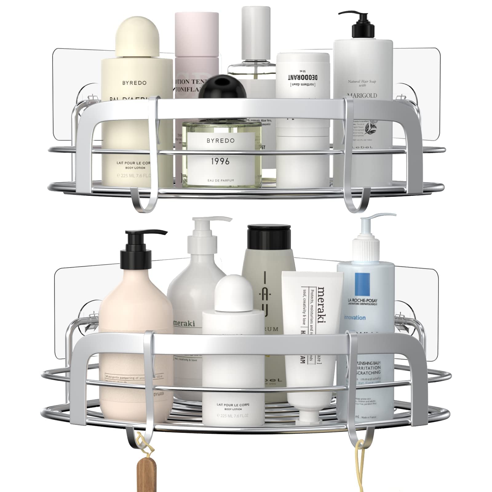 STEUGO Shower Caddy Corner, Bathroom Corner Shower Shelfs, Adhesive Wall Mounted Shower Caddy with 4 Movable Hooks, SUS304 Stainless Steel Bath Storage Shower Organizers, 2 Pack