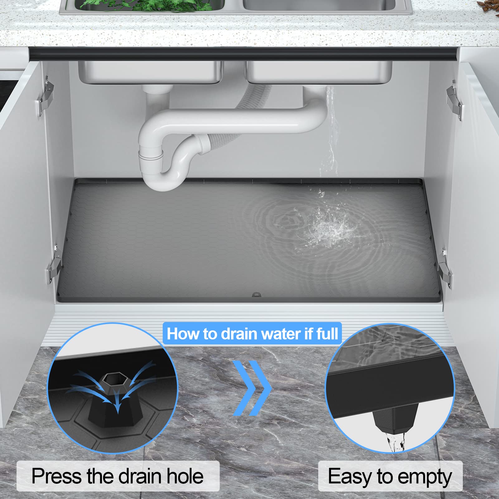 HolaDream Under Sink Mat 34”x22” Kitchen Waterproof Silicone Cabinet Mat Liner Drip Tray with Drain Hole Design for Bathroom and Laundry, Black