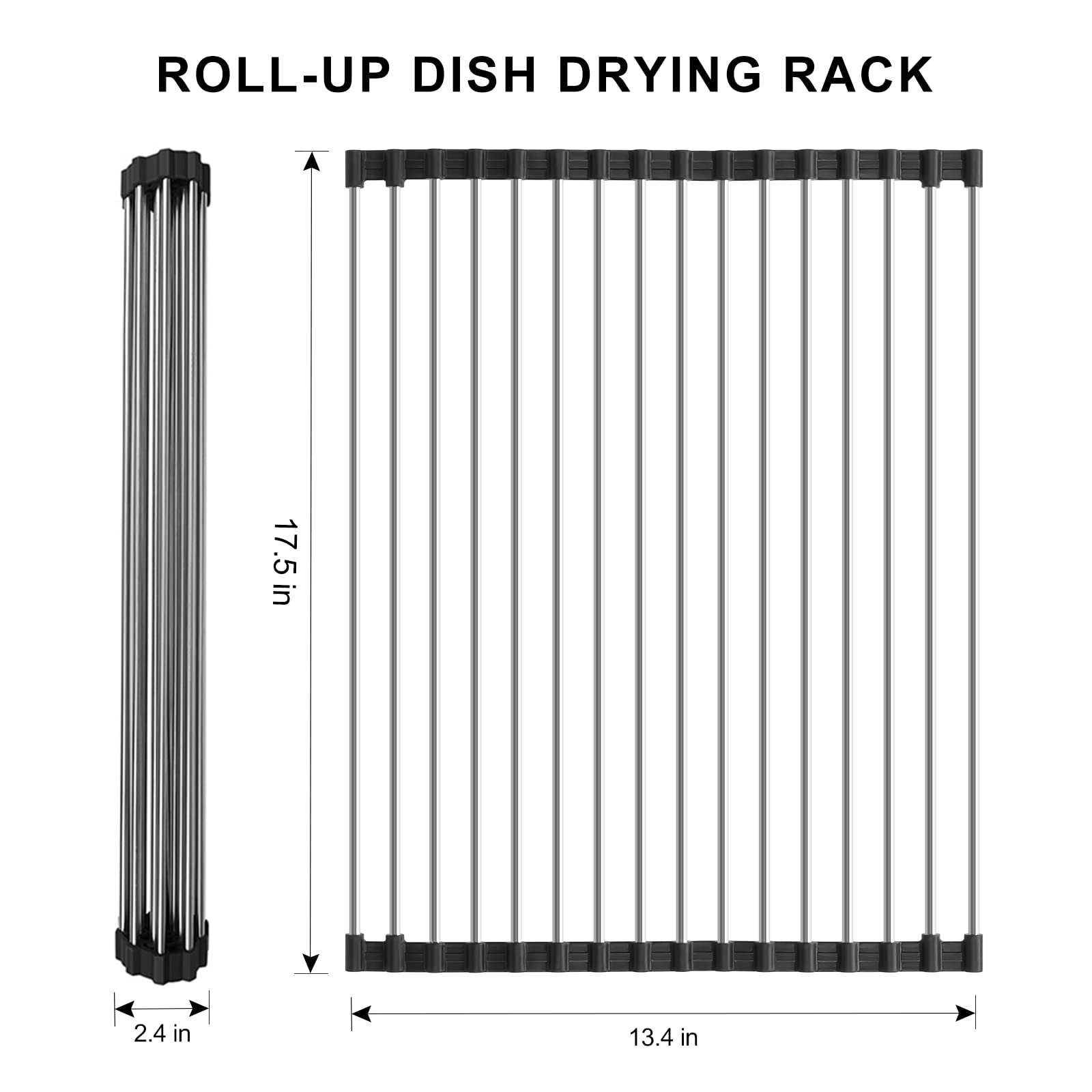 NileHome Roll Up Dish Drying Rack, Sink Drying Rack Over Sink Dish Drying Rack 304 Stainless Steel Foldable Drain Rack for Kitchen Sink Counter Utensils Vegetables and Fruits (17.5''X13.4''),Black