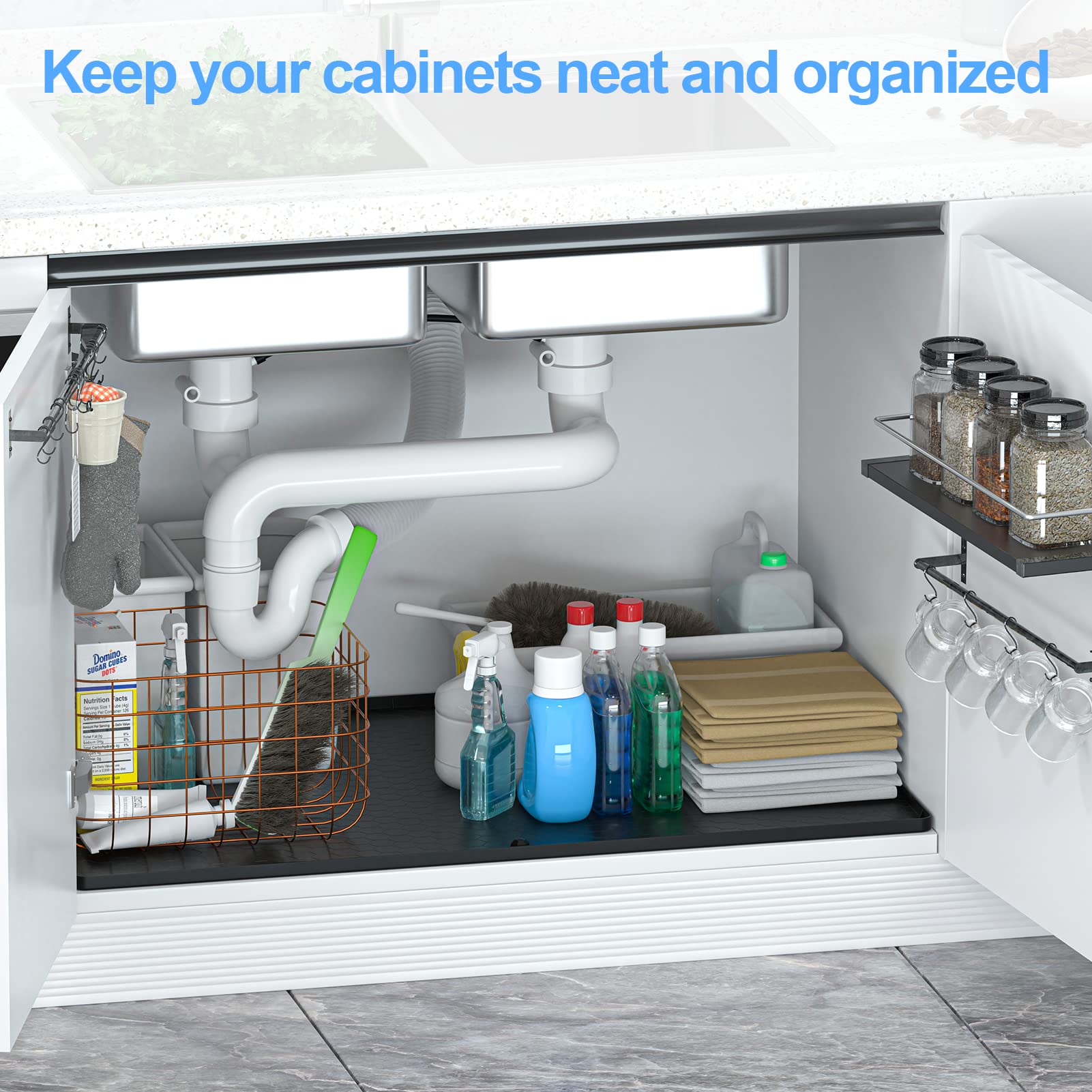 HolaDream Under Sink Mat 34”x22” Kitchen Waterproof Silicone Cabinet Mat Liner Drip Tray with Drain Hole Design for Bathroom and Laundry, Black