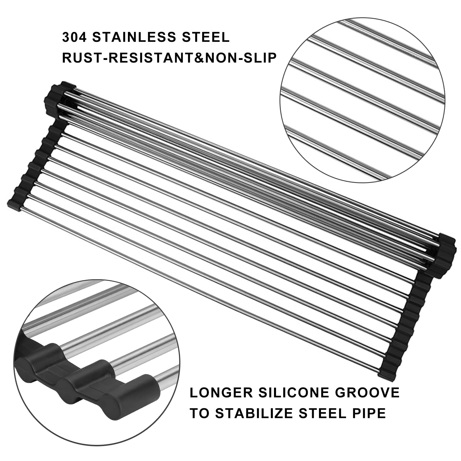 NileHome Roll Up Dish Drying Rack, Sink Drying Rack Over Sink Dish Drying Rack 304 Stainless Steel Foldable Drain Rack for Kitchen Sink Counter Utensils Vegetables and Fruits (17.5''X13.4''),Black