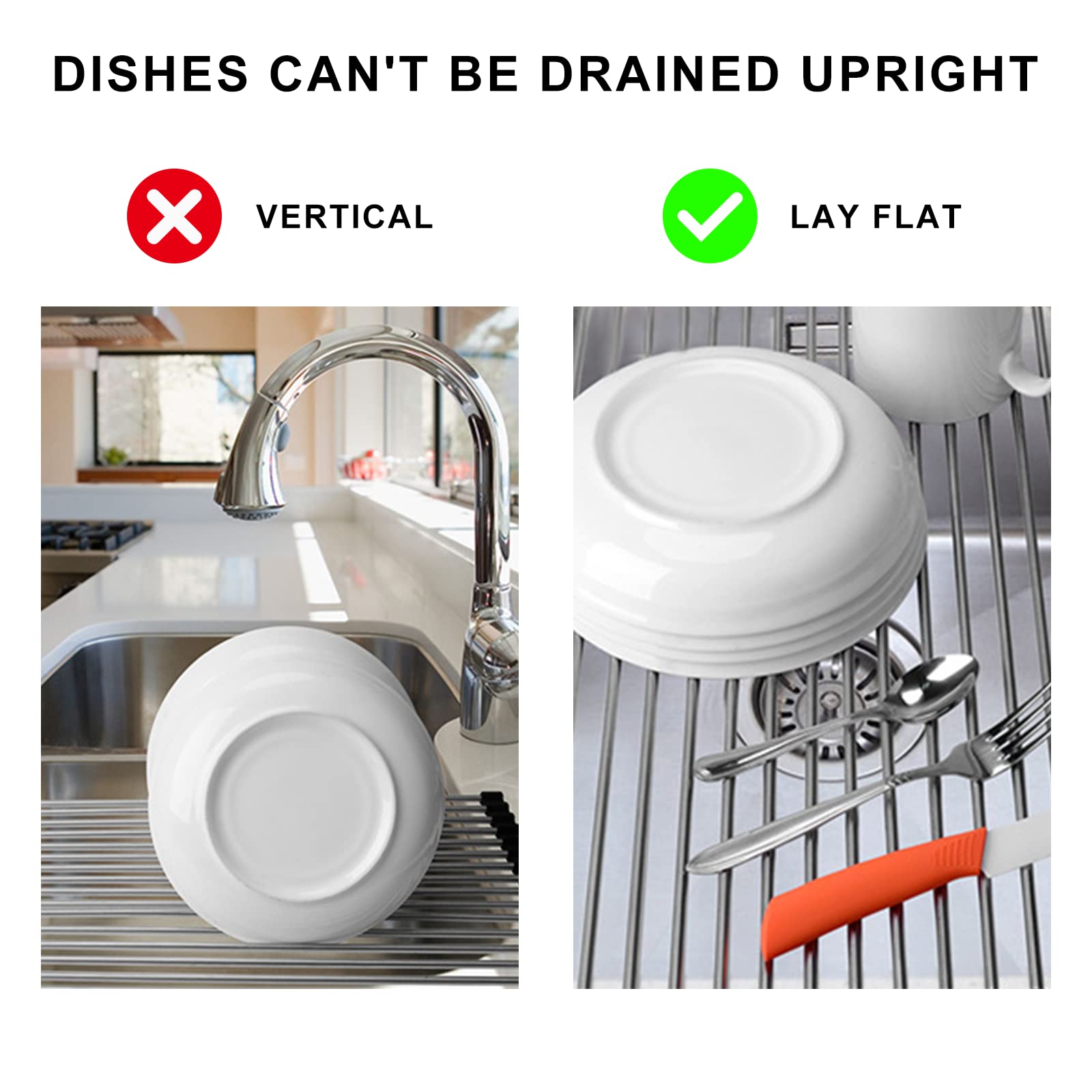 NileHome Roll Up Dish Drying Rack, Sink Drying Rack Over Sink Dish Drying Rack 304 Stainless Steel Foldable Drain Rack for Kitchen Sink Counter Utensils Vegetables and Fruits (17.5''X13.4''),Black