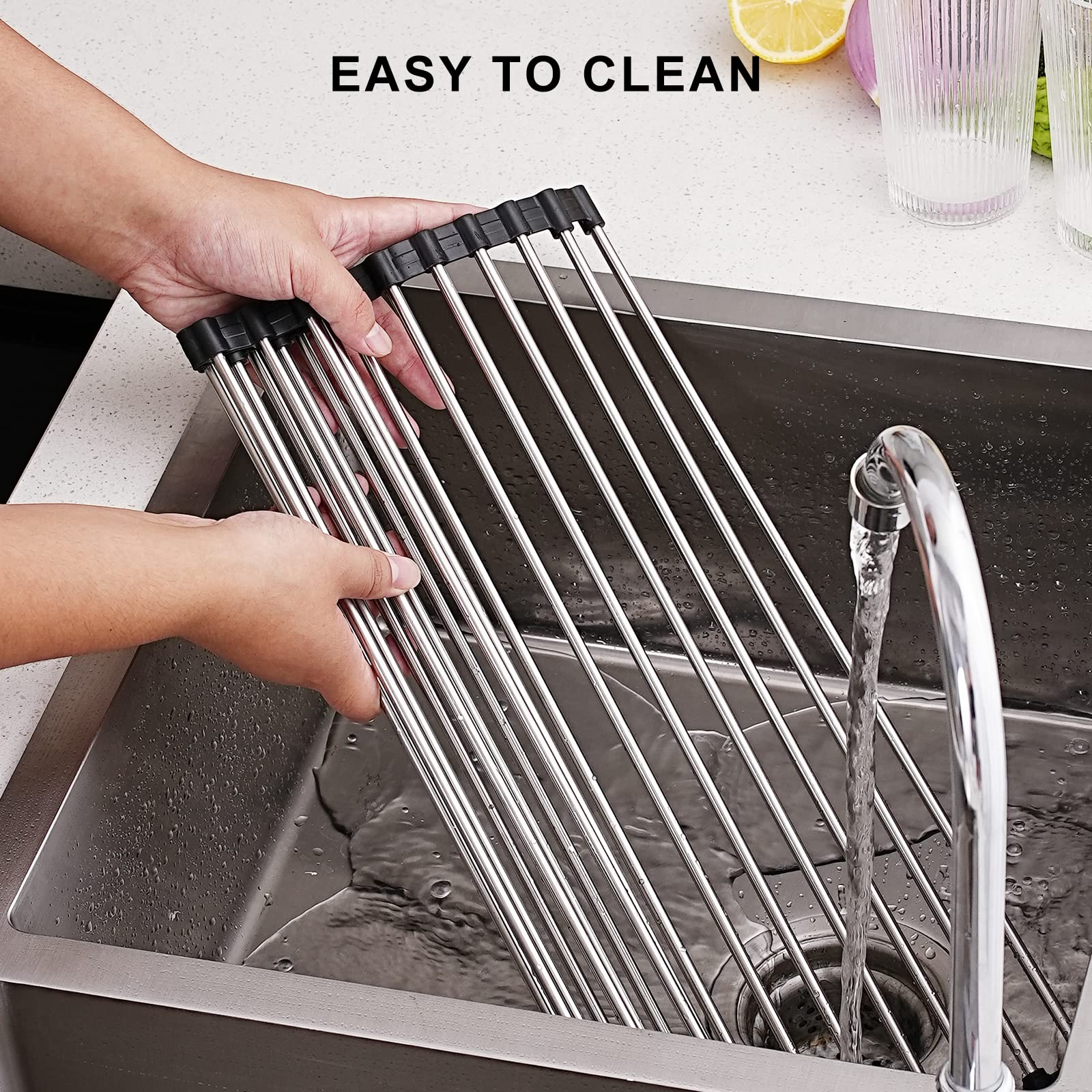 NileHome Roll Up Dish Drying Rack, Sink Drying Rack Over Sink Dish Drying Rack 304 Stainless Steel Foldable Drain Rack for Kitchen Sink Counter Utensils Vegetables and Fruits (17.5''X13.4''),Black