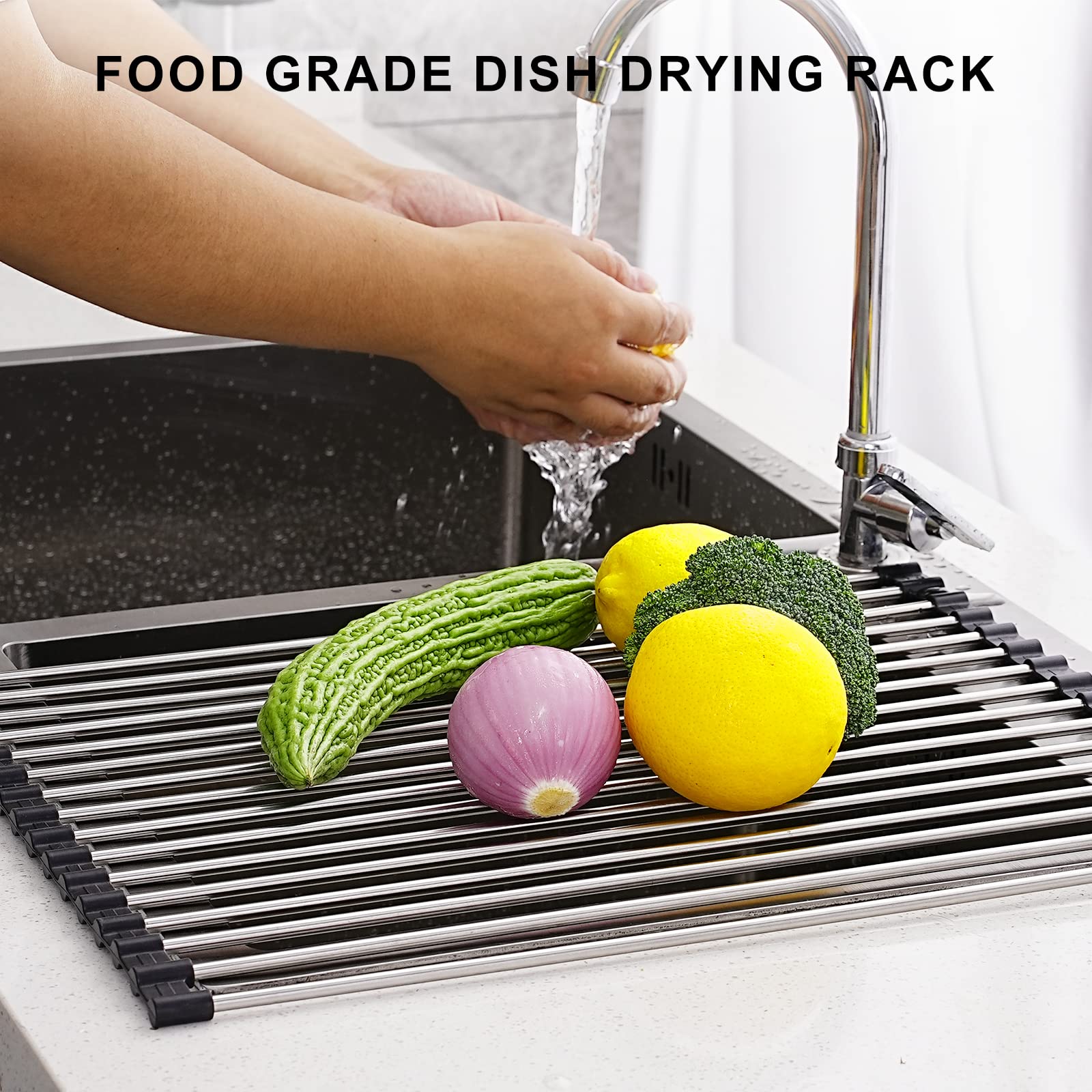 NileHome Roll Up Dish Drying Rack, Sink Drying Rack Over Sink Dish Drying Rack 304 Stainless Steel Foldable Drain Rack for Kitchen Sink Counter Utensils Vegetables and Fruits (17.5''X13.4''),Black