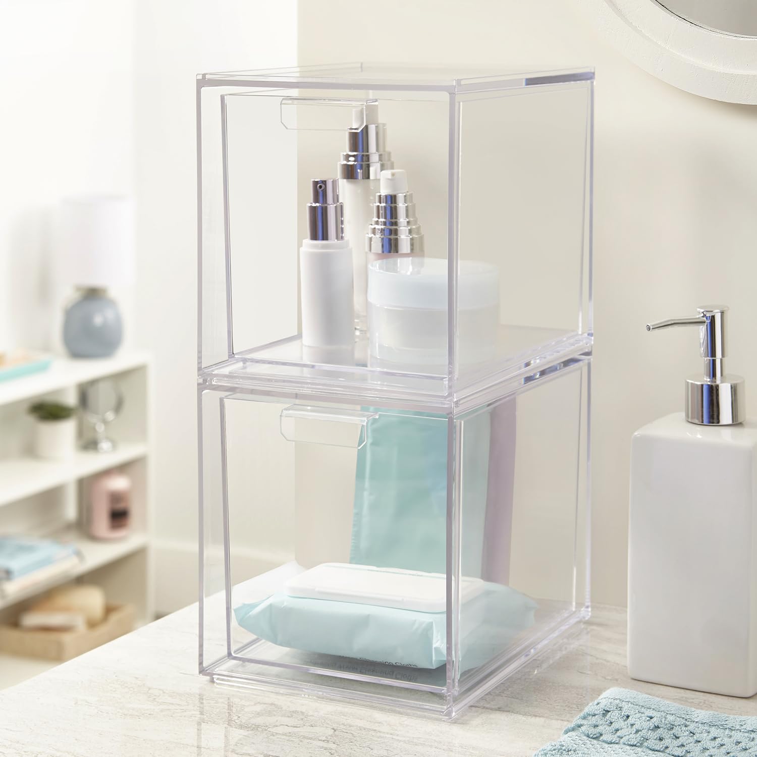 STORi Audrey Stackable Clear Plastic Organizer Drawers | 2 Piece Set | 6.75-Inches Tall | Organize Cosmetics and Beauty Supplies on a Vanity | Made in USA