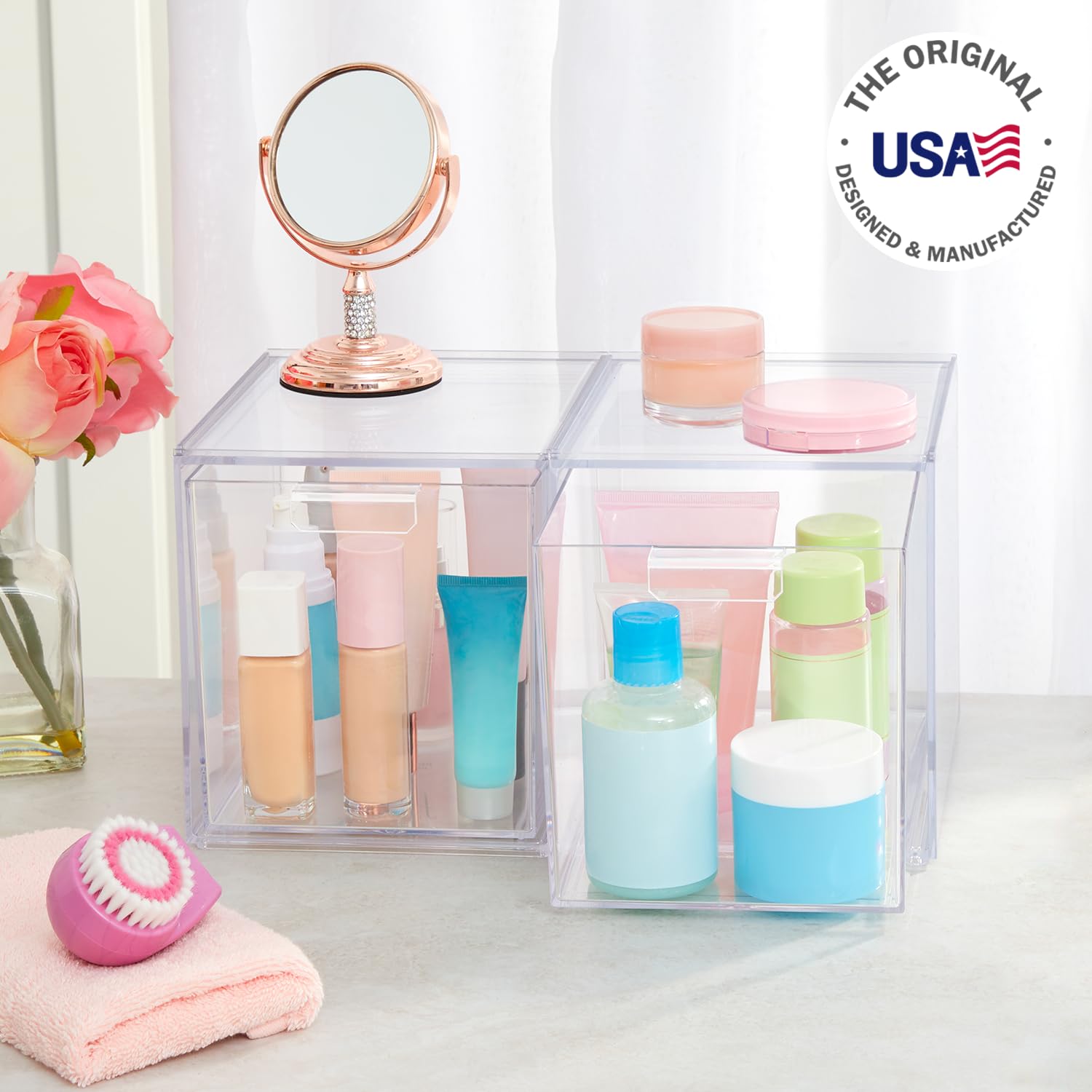 STORi Audrey Stackable Clear Plastic Organizer Drawers | 2 Piece Set | 6.75-Inches Tall | Organize Cosmetics and Beauty Supplies on a Vanity | Made in USA
