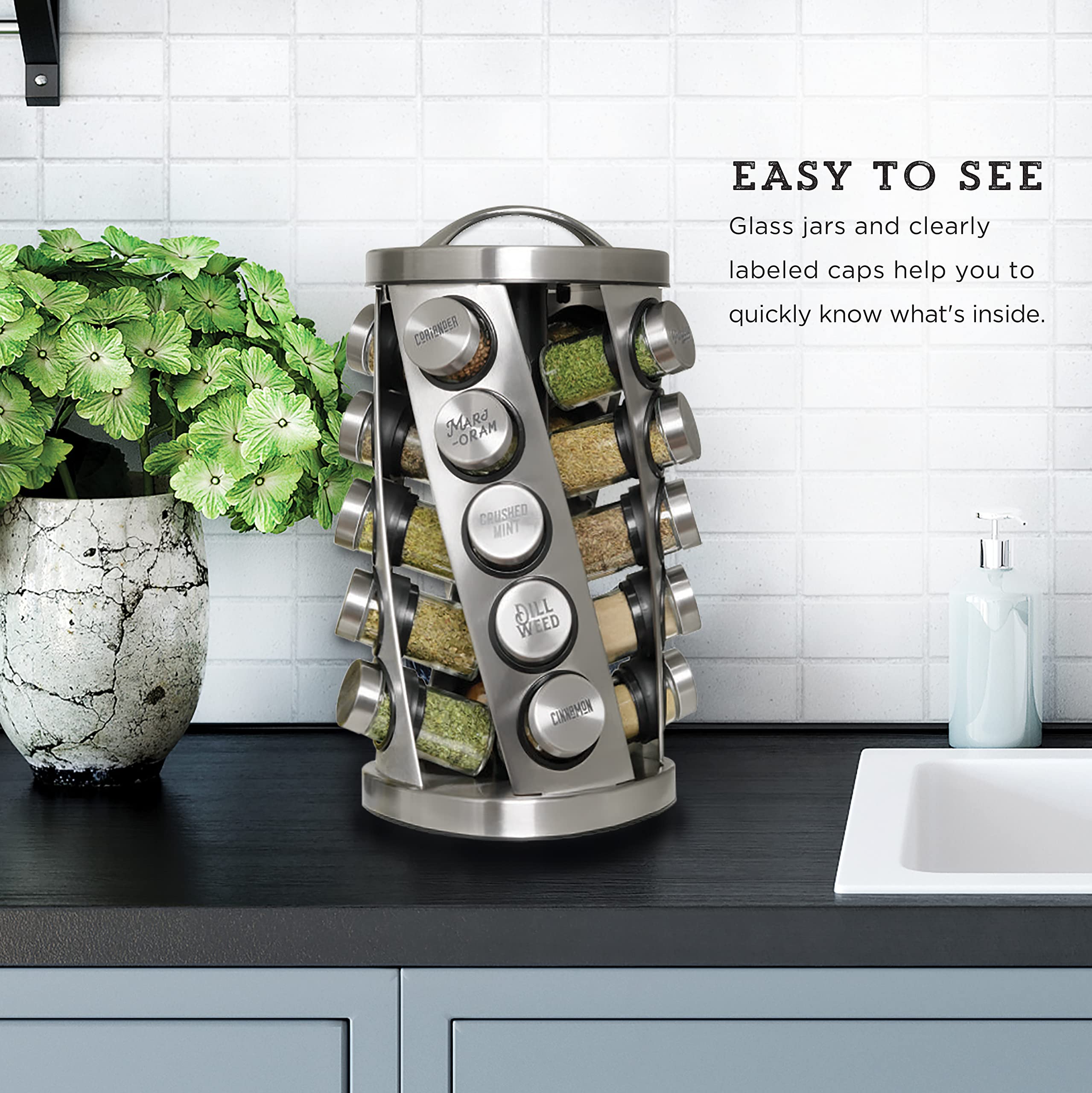 Kamenstein 20 Jar Twist Revolving Countertop Spice Rack Organizer with Spices Included, FREE Spice Refills for 5 years, Brushed Stainless Steel with Black Caps