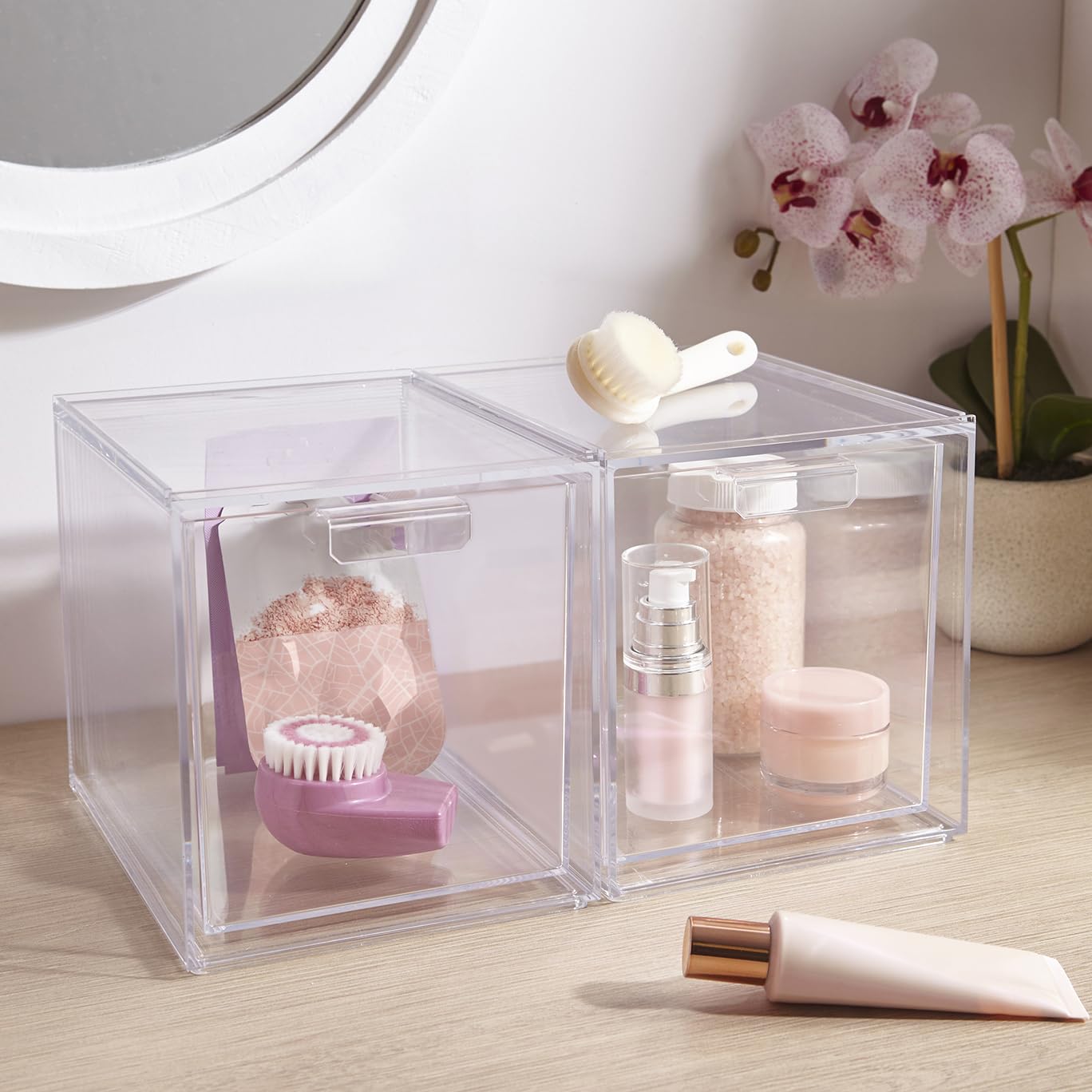 STORi Audrey Stackable Clear Plastic Organizer Drawers | 2 Piece Set | 6.75-Inches Tall | Organize Cosmetics and Beauty Supplies on a Vanity | Made in USA