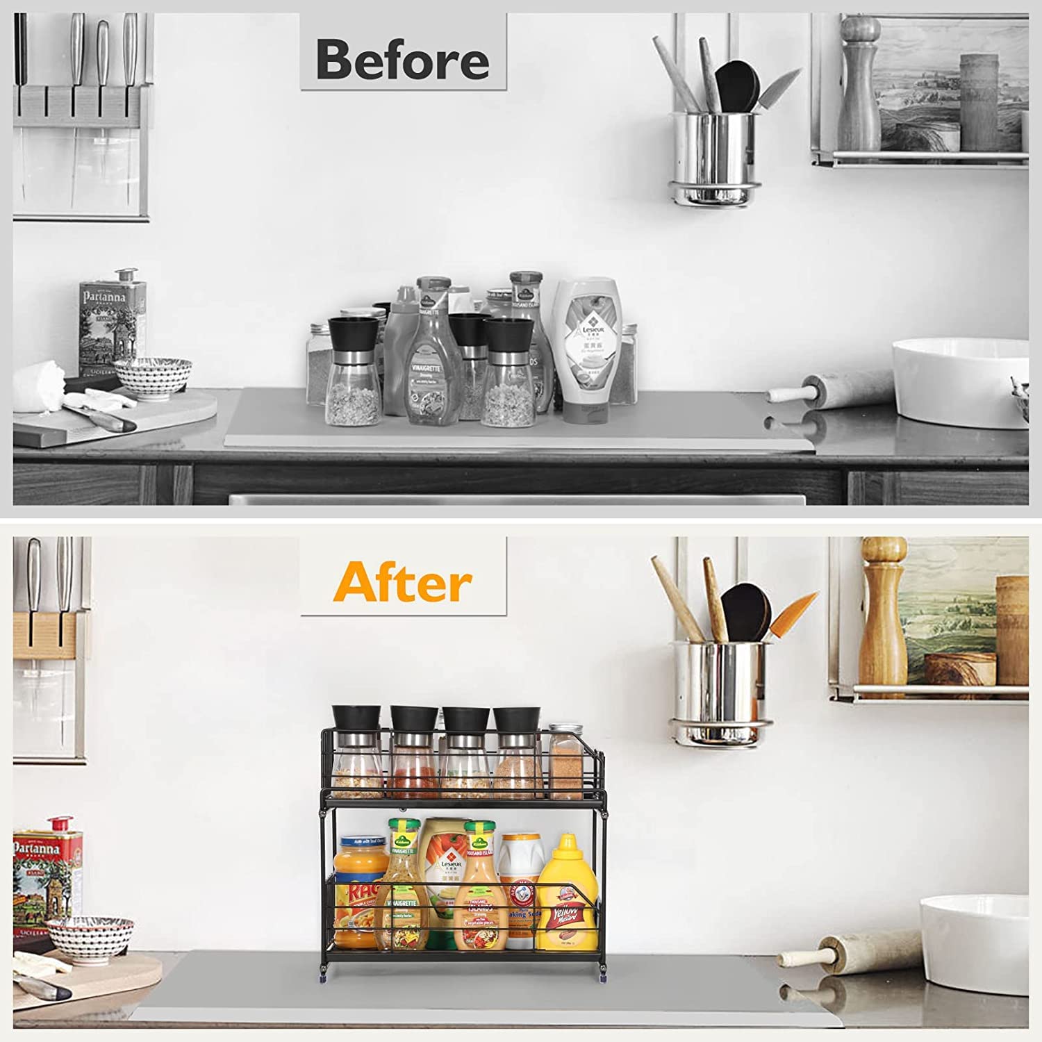 2 Pack - 2-Tier Under Sink Cabinet Organizer with Sliding Storage Drawer, Spice Rack, Pull Out Cabinets Organizer Shelf Baskets, for Kitchen, Pantry, Under The Sink, Cabinet, Bathroom, Black