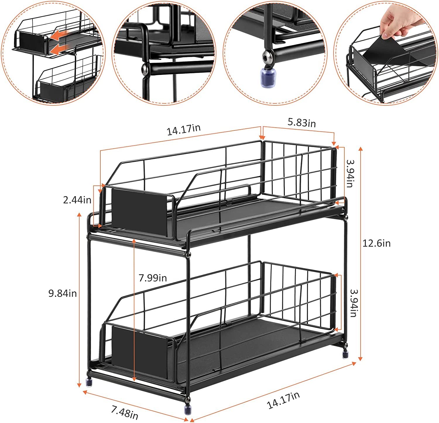 2 Pack - 2-Tier Under Sink Cabinet Organizer with Sliding Storage Drawer, Spice Rack, Pull Out Cabinets Organizer Shelf Baskets, for Kitchen, Pantry, Under The Sink, Cabinet, Bathroom, Black