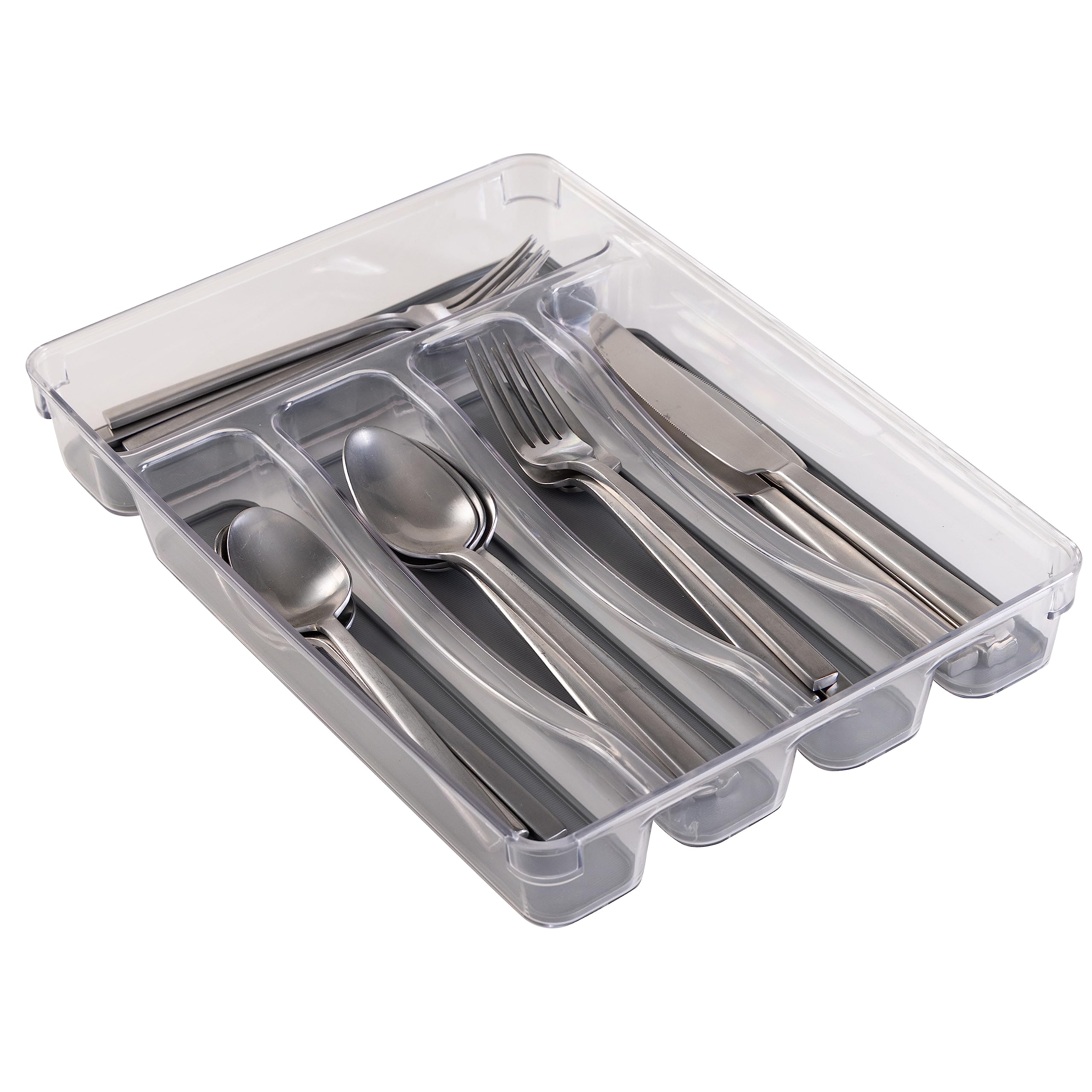 Kitchen Details 23195 Utensil and Cutlery Drawer Organizer, Divider, Tray, Storage, 5 Compartment, Clear