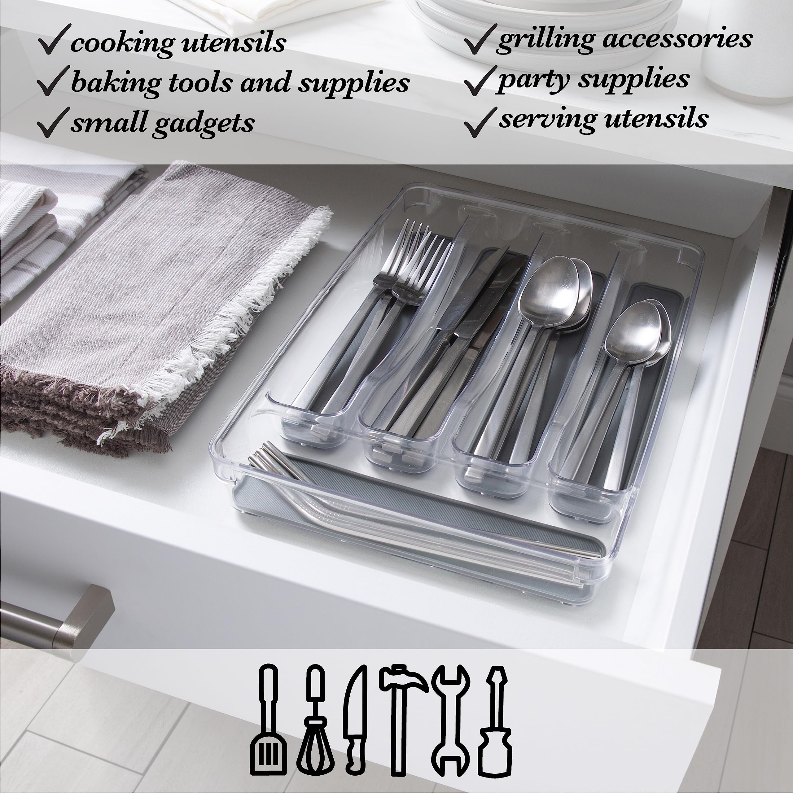 Kitchen Details 23195 Utensil and Cutlery Drawer Organizer, Divider, Tray, Storage, 5 Compartment, Clear